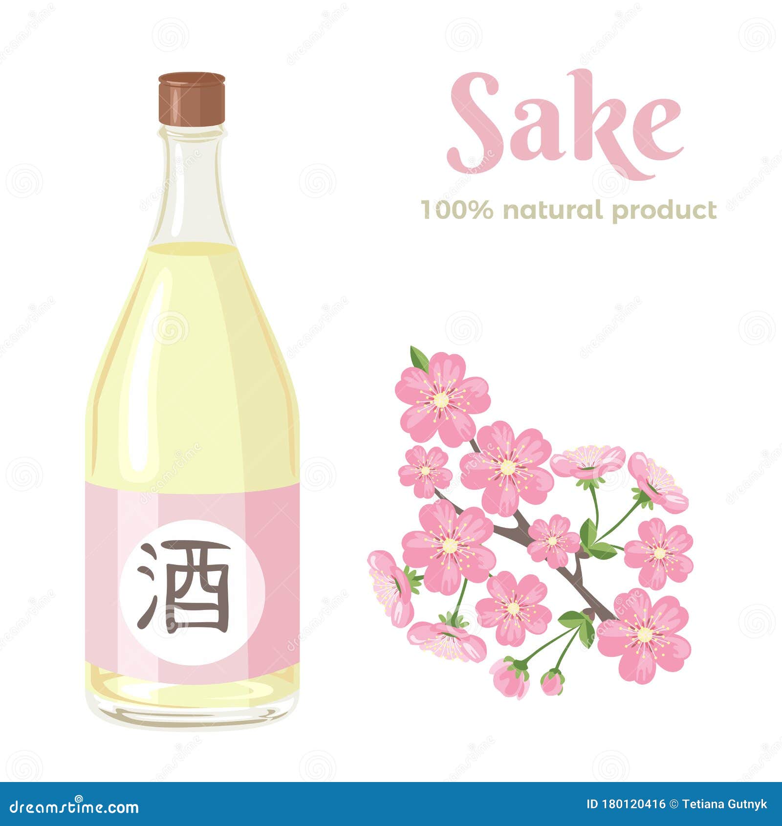 Sake in Glass Bottle and Branch of Blossoming Pink Sakura Isolated on ...