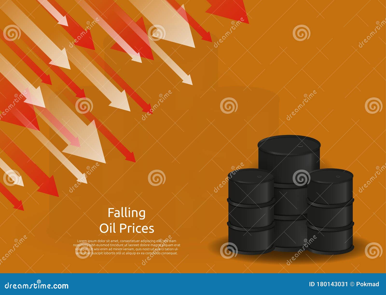 Flat Illustration of Oil Barrels with Falling Arrow Graph. Falling Oil Prices Concept. Stock ...