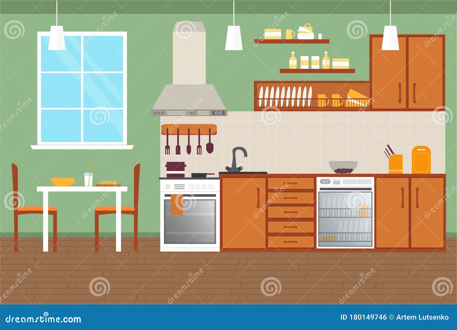Kitchen Interior , with Furniture. Flat Style Vector Illustration ...