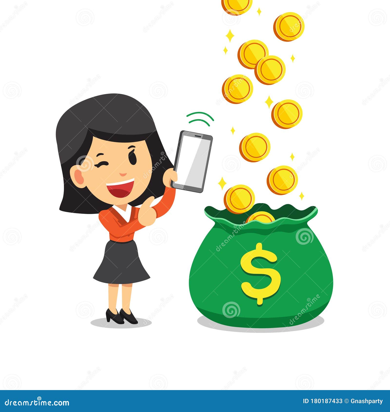 Cartoon Business Woman Earning Money with Smartphone Stock Vector ...