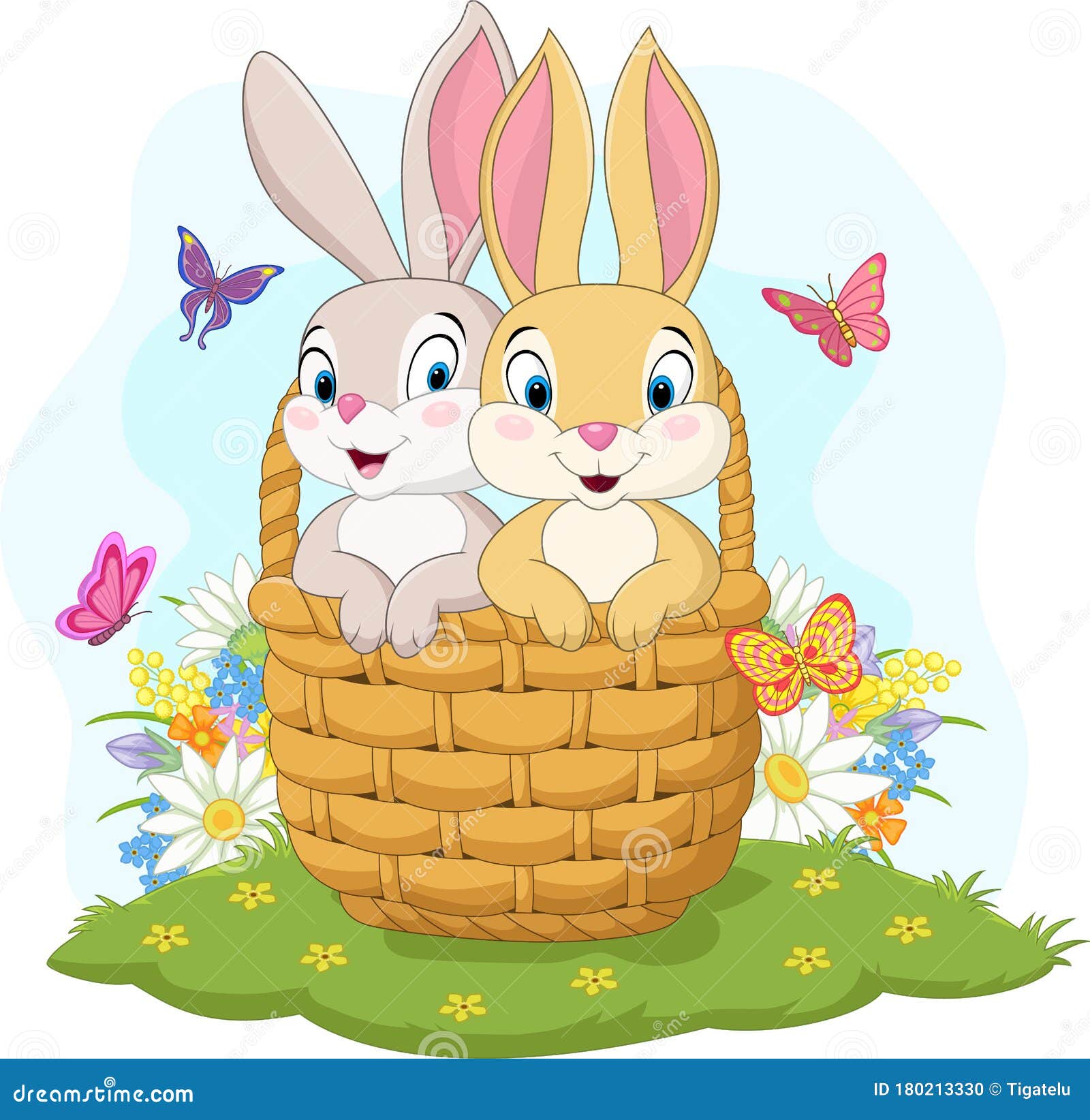 Couple Rabbit Cartoon in the Basket Stock Vector - Illustration of ...