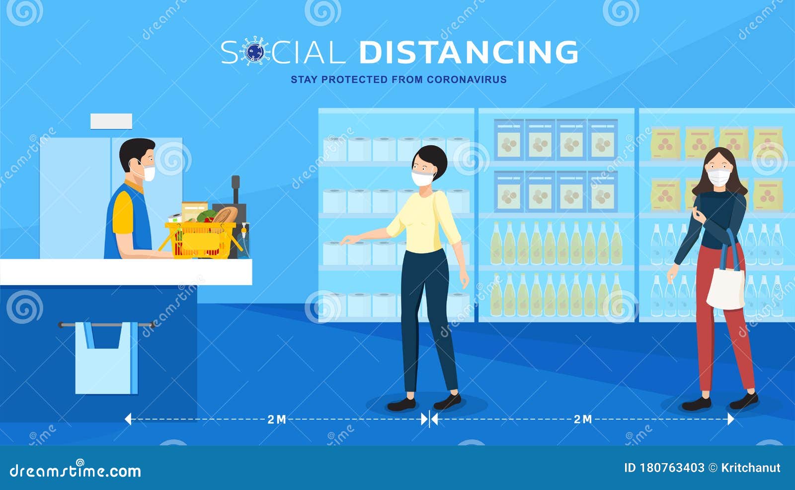 Cartoon People Wearing Medical Masks in Supermarket Showing Social ...