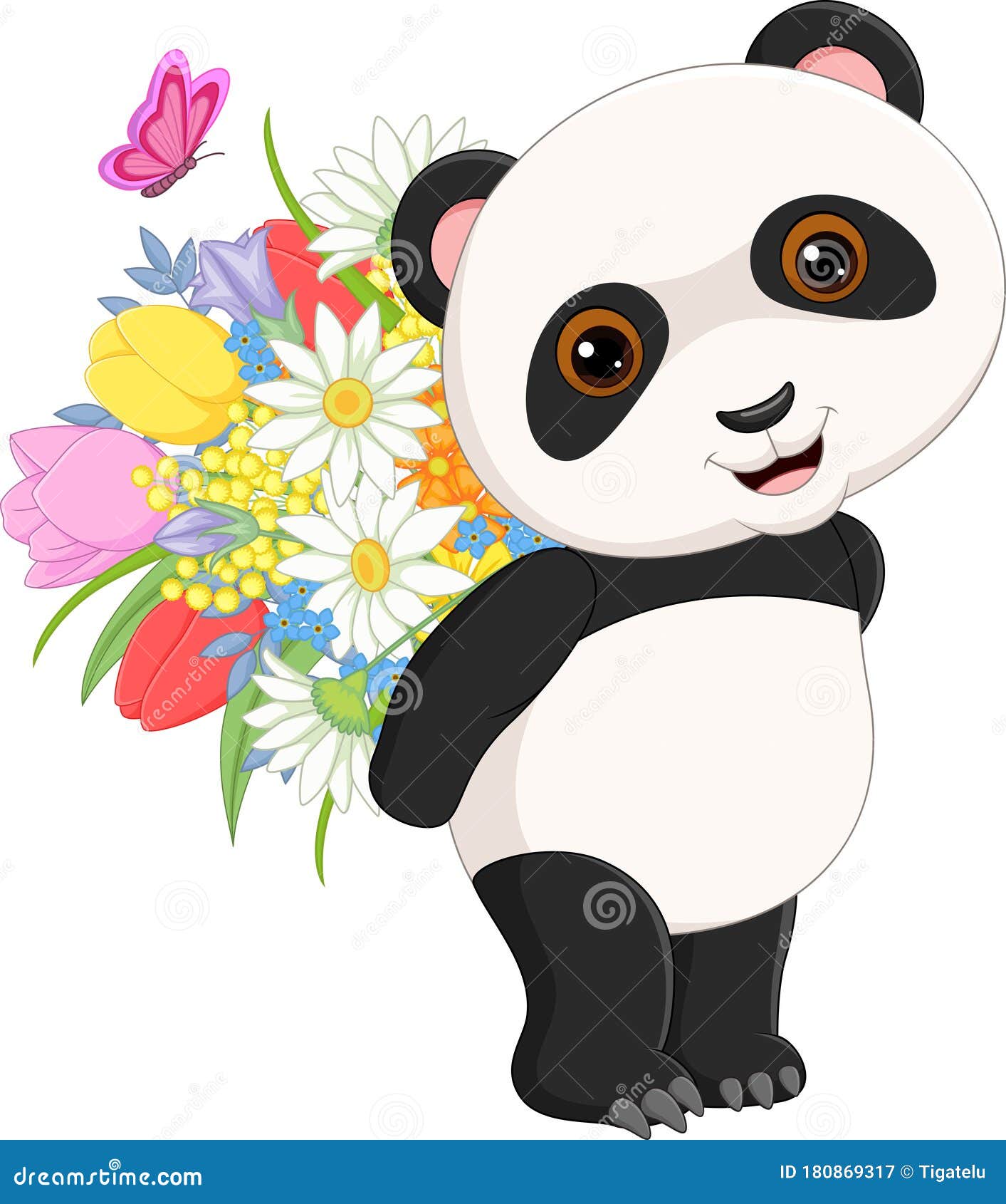 Cute Little Panda Carrying a Flowers Stock Vector - Illustration of ...