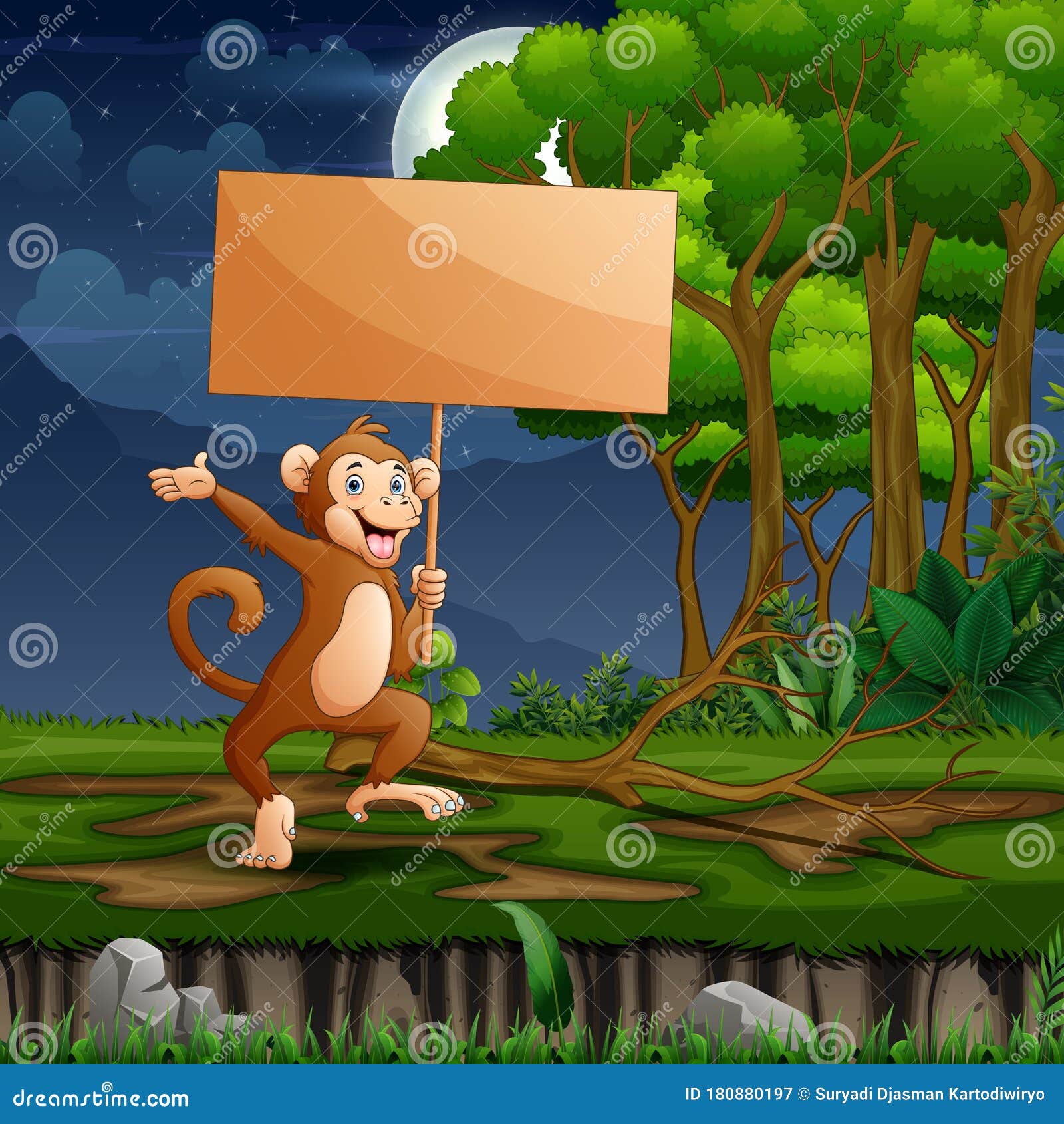 A Monkey Holding Wooden Sign at the Forest Stock Vector - Illustration ...
