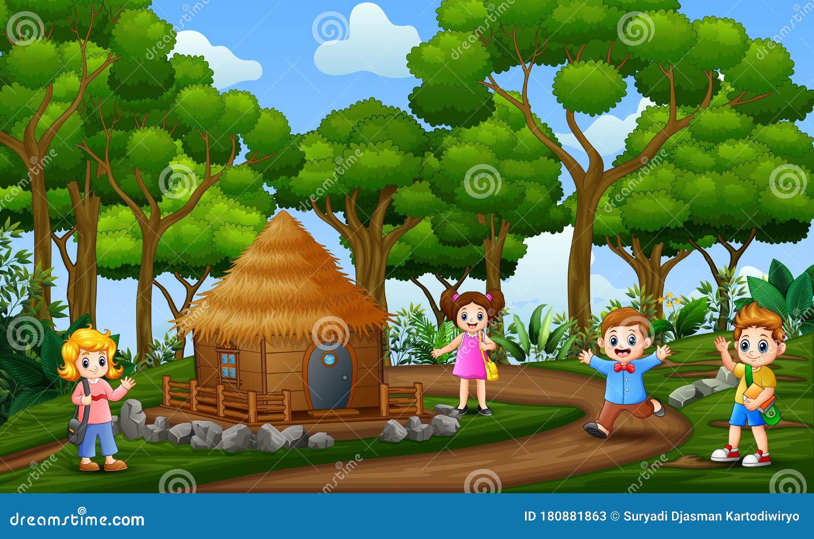 Happy Children Playing at the Rural Landscape Stock Vector ...