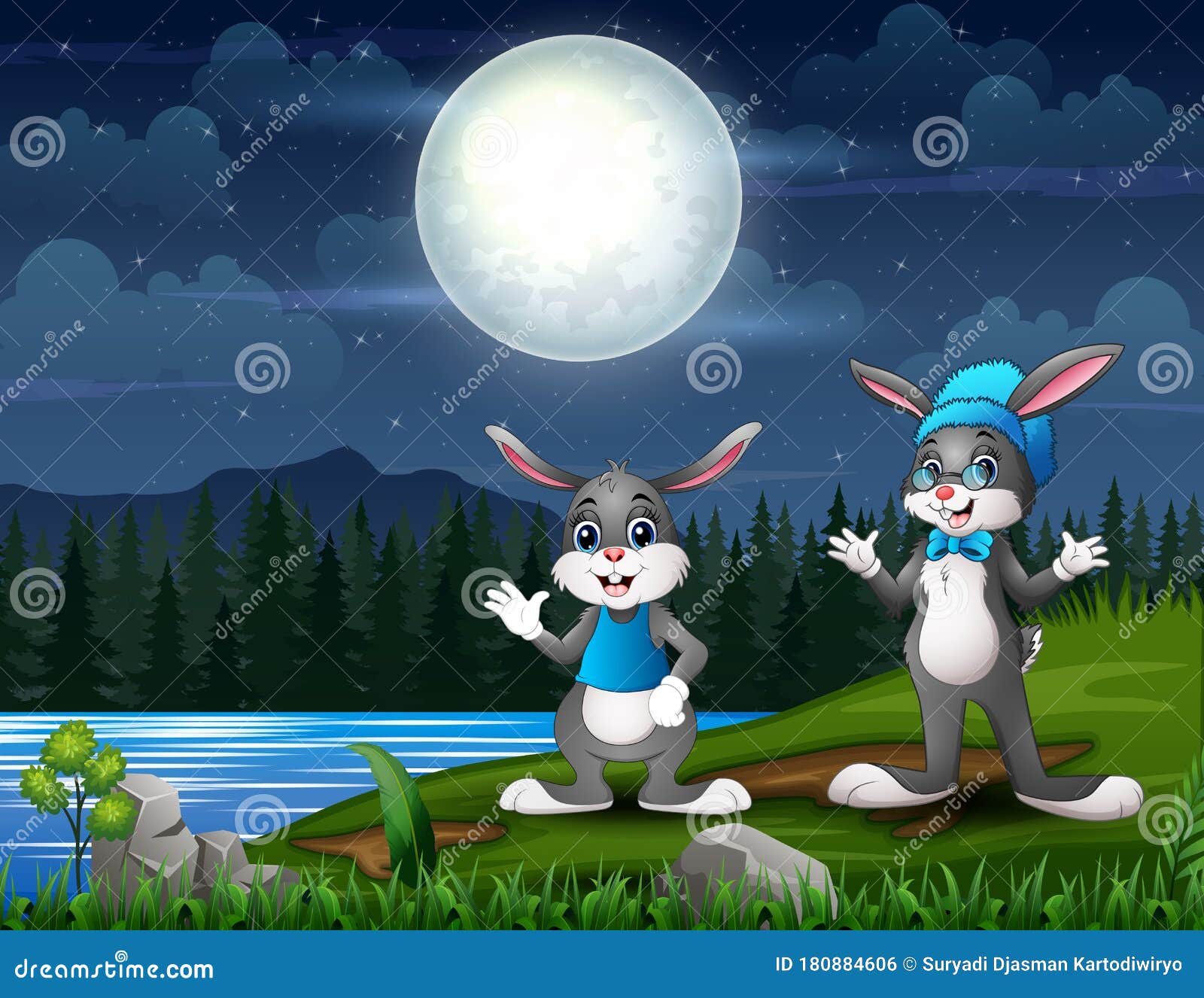Happy Easter Bunnies at Night Landscape Stock Vector - Illustration of ...