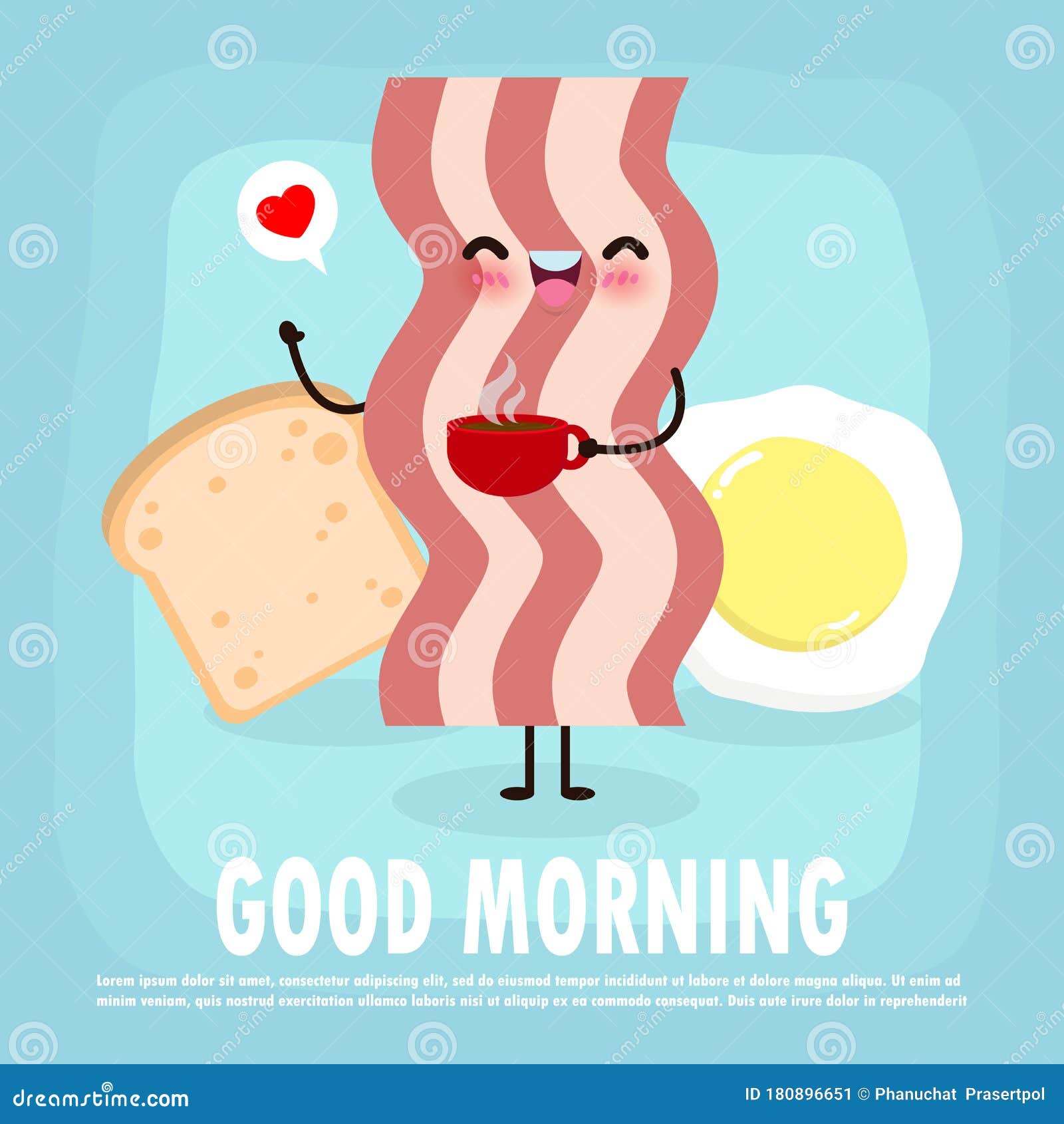 Cute Bacon, Egg, Bread Characters. Breakfast With Love Poster, Card ...