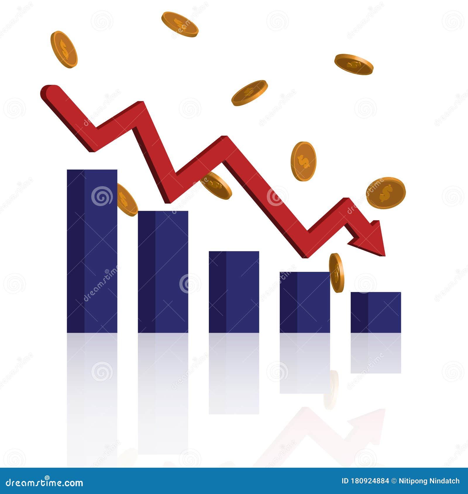 Business Down Chart with Negative Arrow and Coin. White Background ...