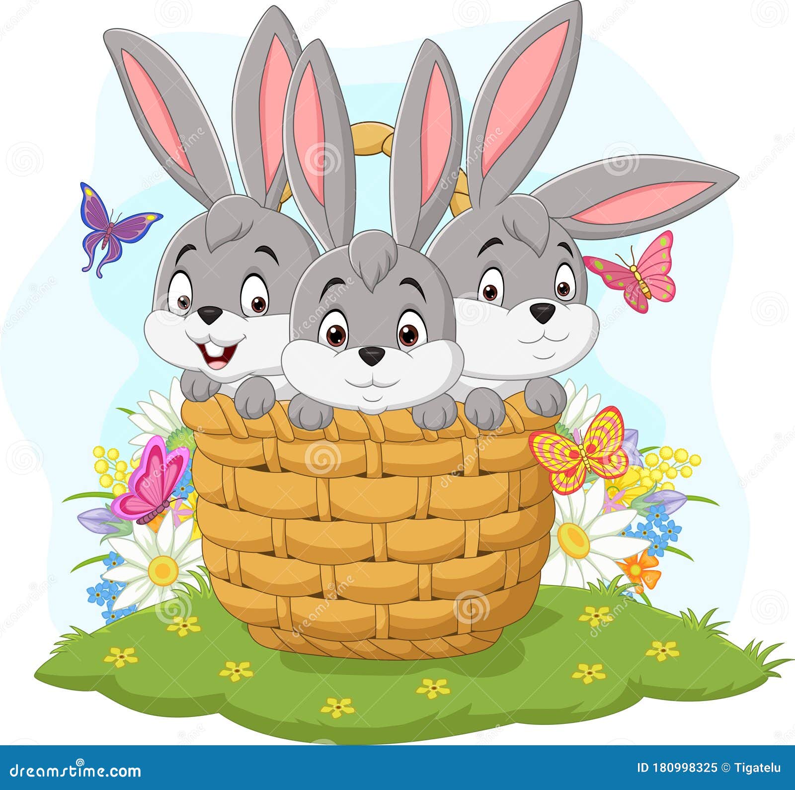 Three Rabbits Cartoon in the Basket Stock Vector - Illustration of ...