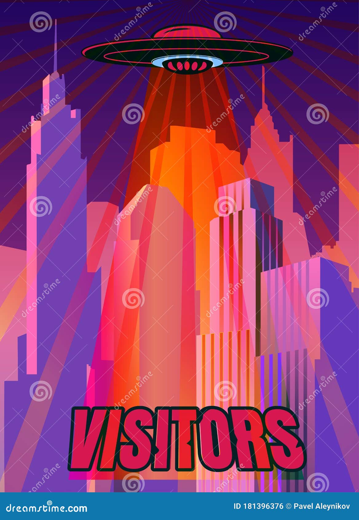 Alien`s Ship As UFO Over City. Vector Poster. Stock Vector ...