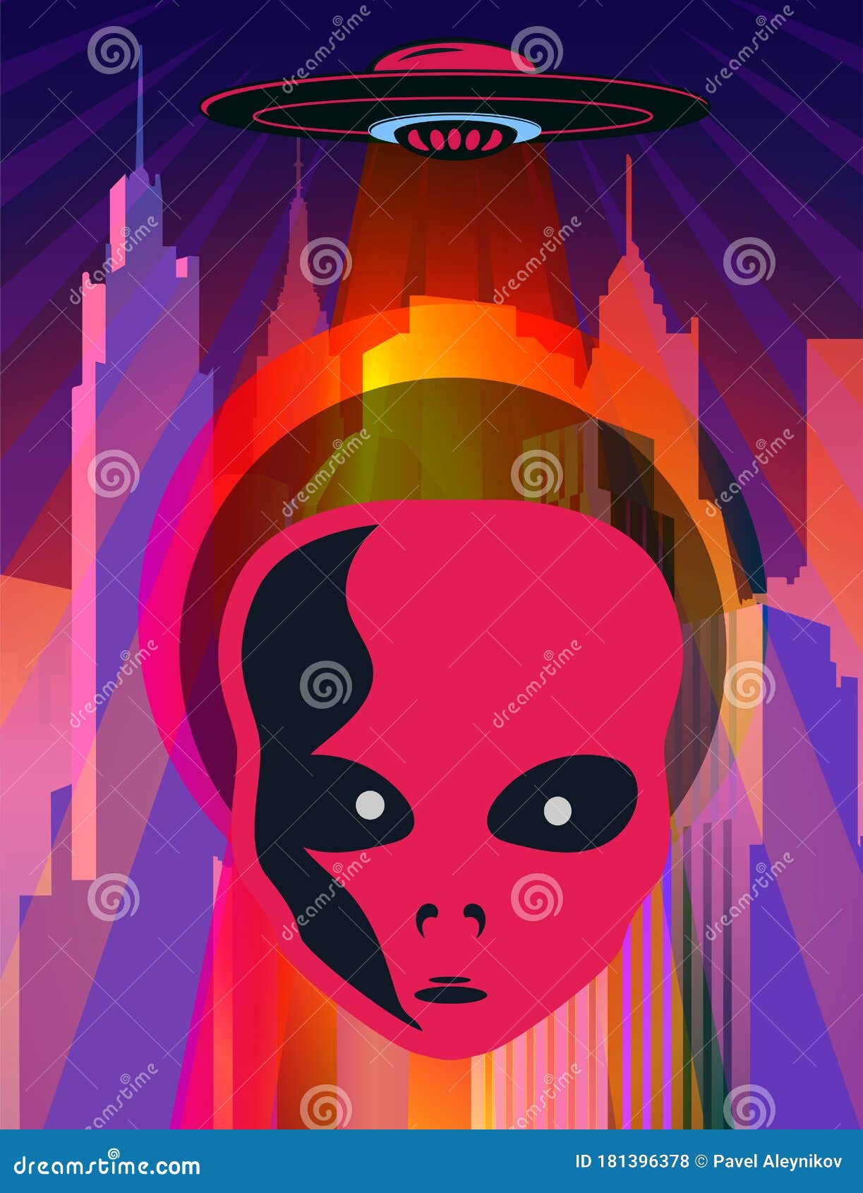 Alien`s Ship As UFO Over City. Vector Poster. Stock Vector ...