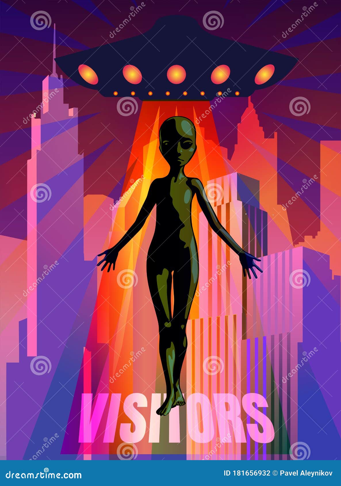 Alien Visitors Come To City, UFO, Alien and Cityscape. Vector Image ...