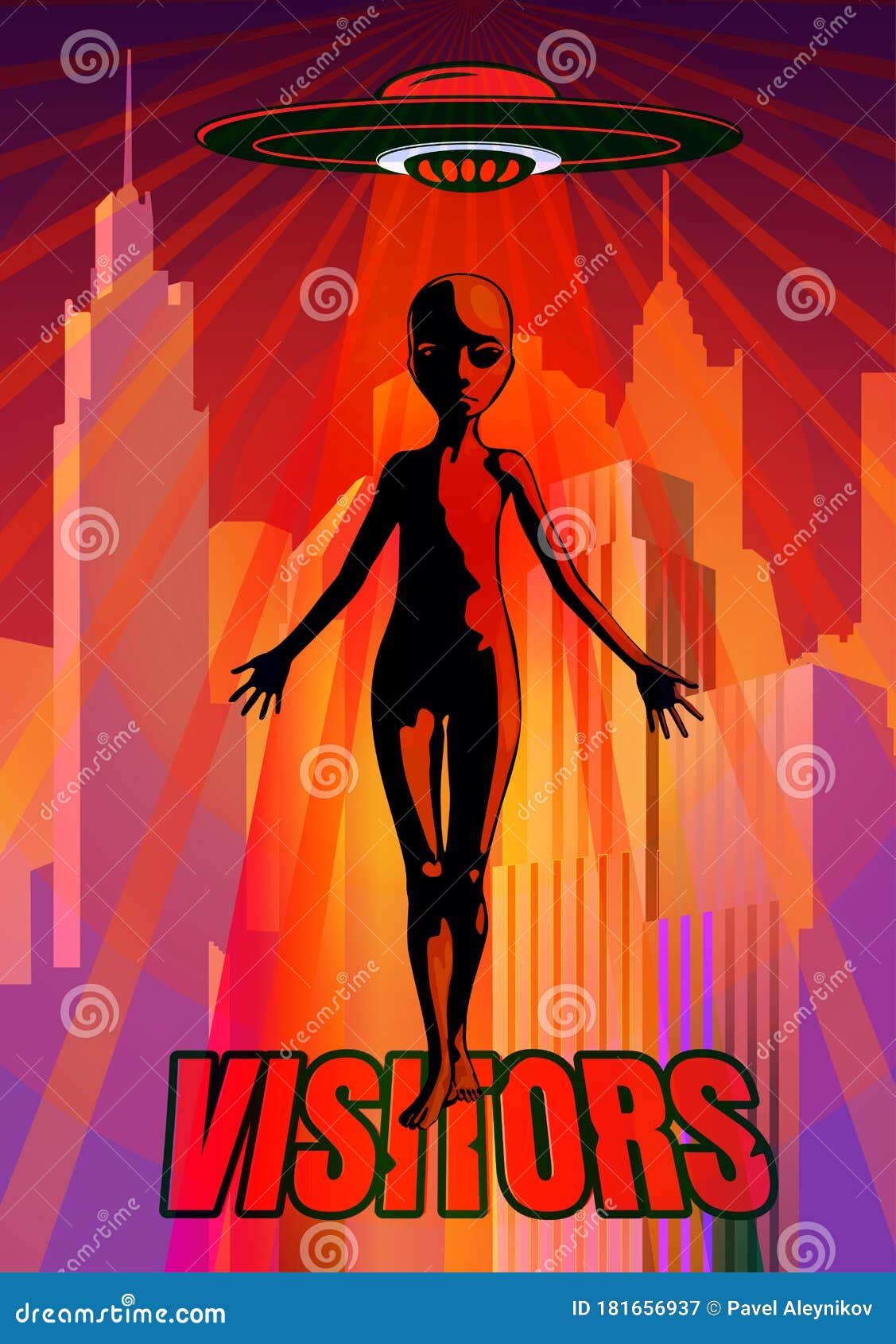 Alien Visitors Come To City, UFO, Alien And Cityscape. Vector Image ...