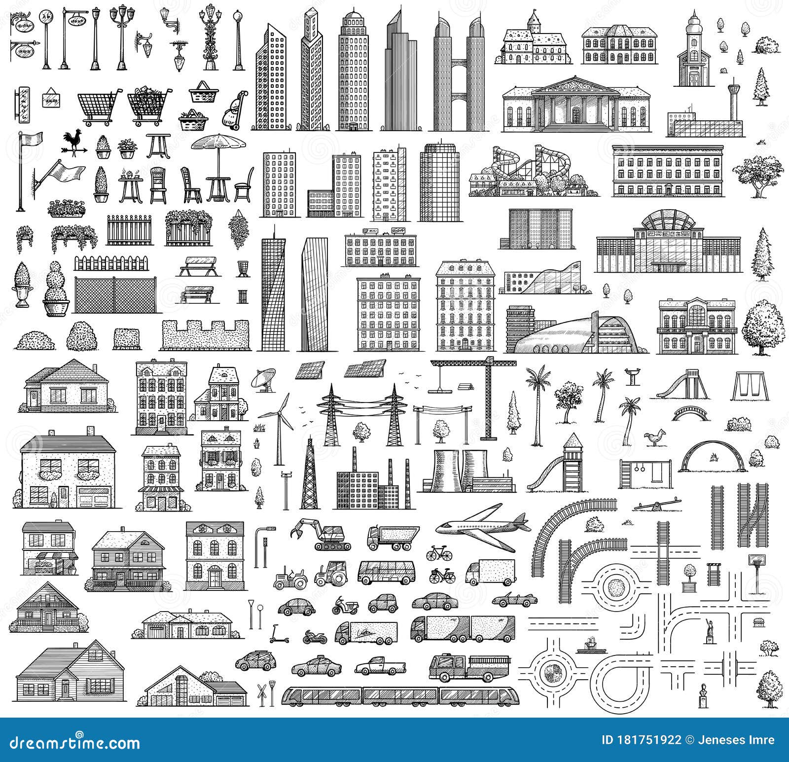 City Map Elements Illustration, Drawing, Engraving, Ink, Line Art ...