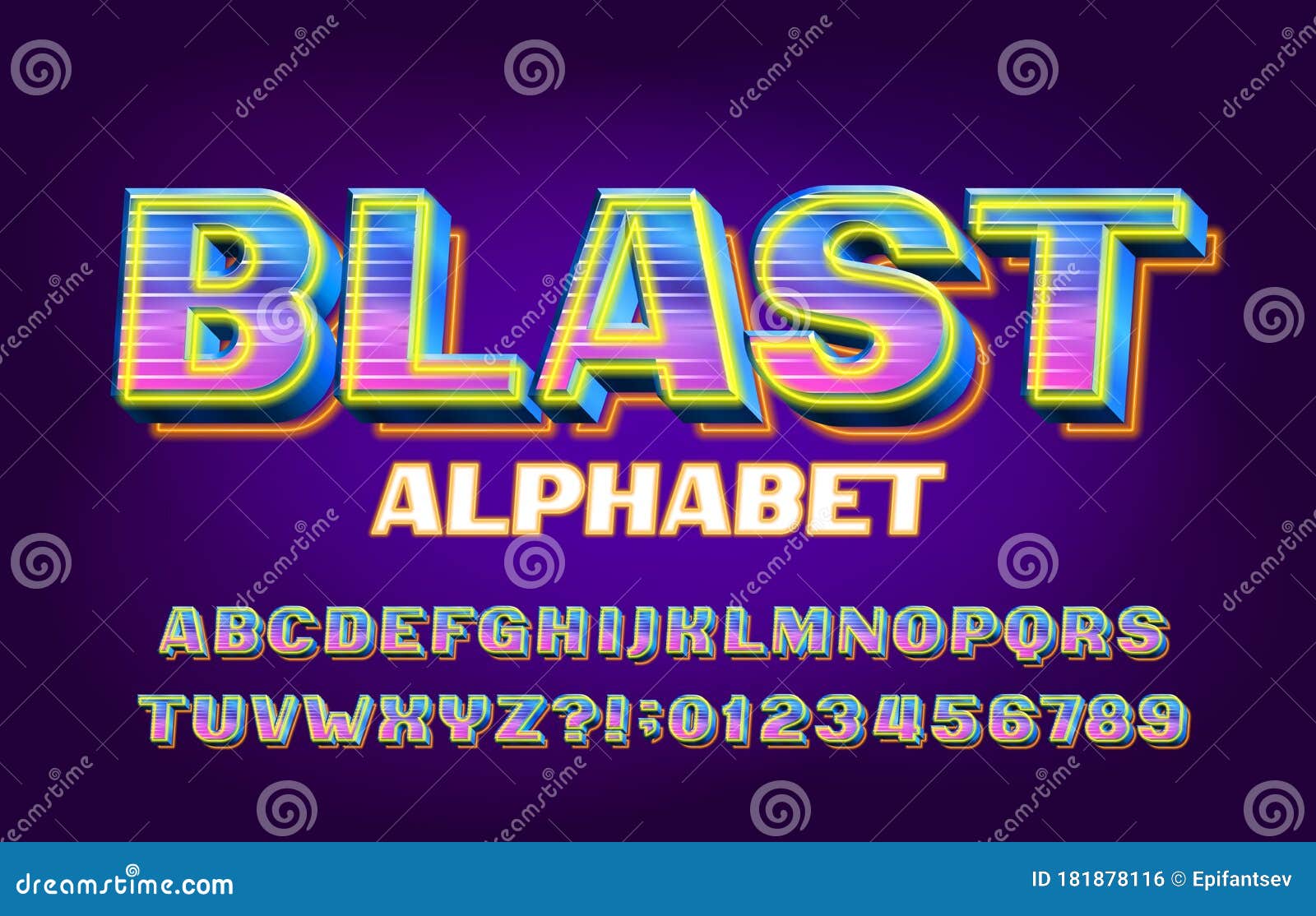 Blast Alphabet Font. 3D Shining Letters, Numbers and Symbols Stock ...