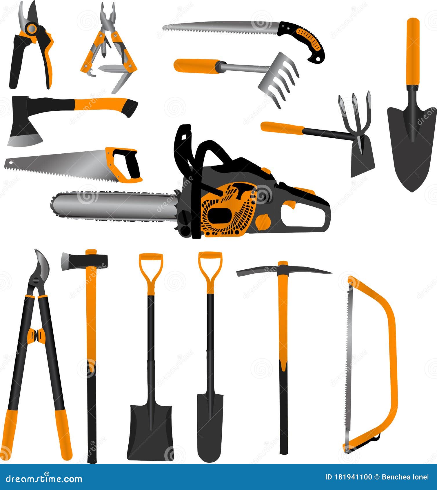 Gardening Handle Tools Set Including Chainsaw, Collection Stock Vector ...