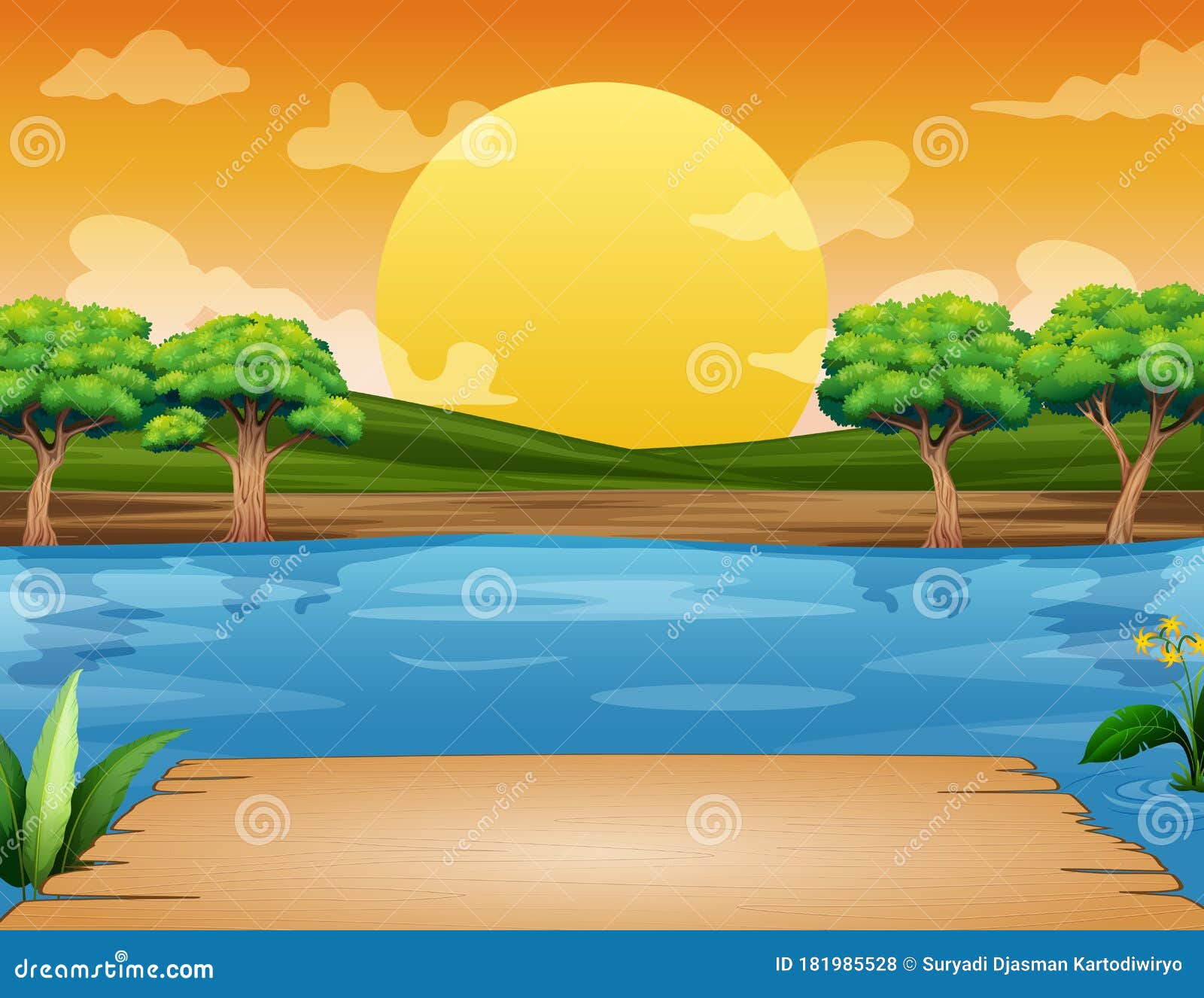 Wooden Bench Overlooking the River and Sunset Stock Illustration ...