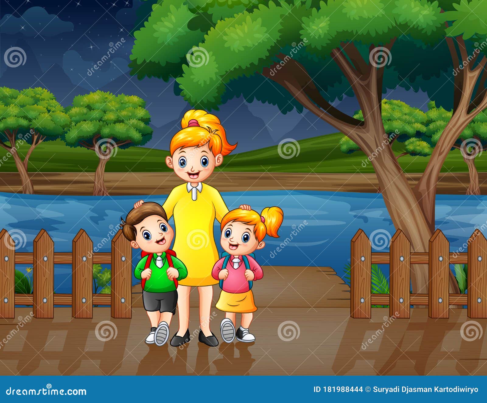The Children with a Woman Teacher in the Park Stock Vector ...