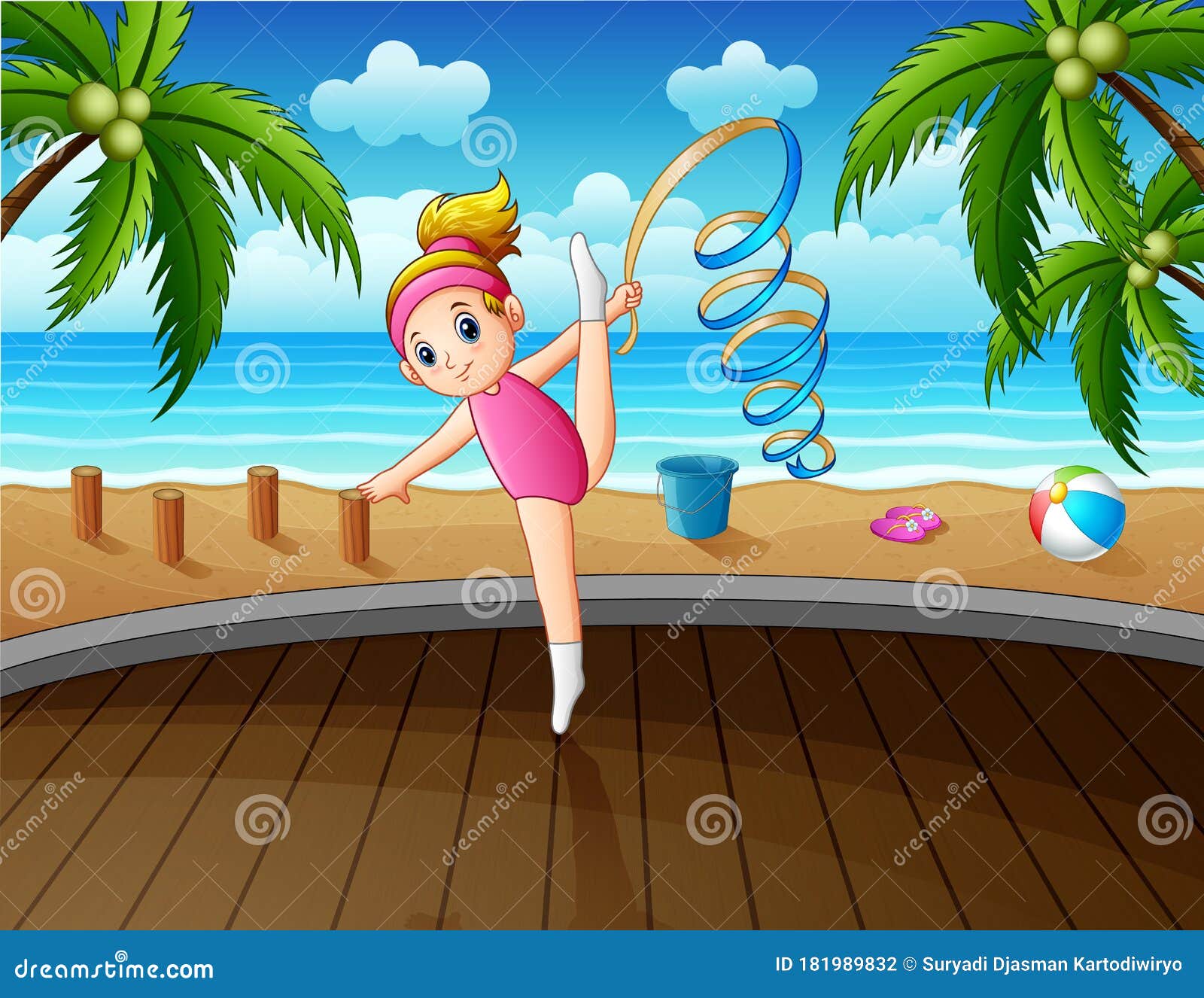 Rhythmic Gymnastic Girl with Ribbon Playing on the Beach Stock Vector ...