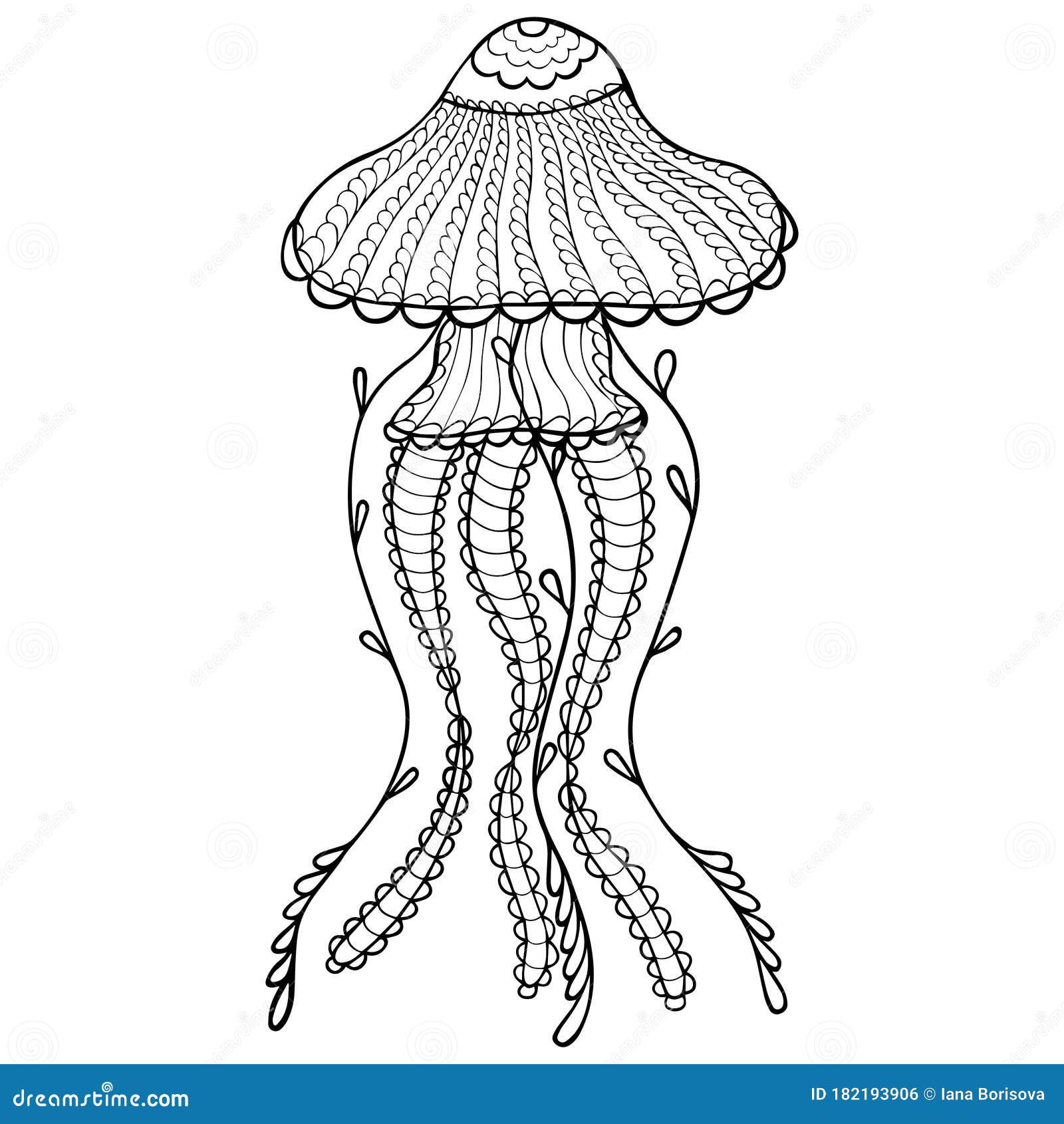 Hand-drawn Contour Jellyfish in Zentangle Style. Patterned Black and White Multicellular Marine ...