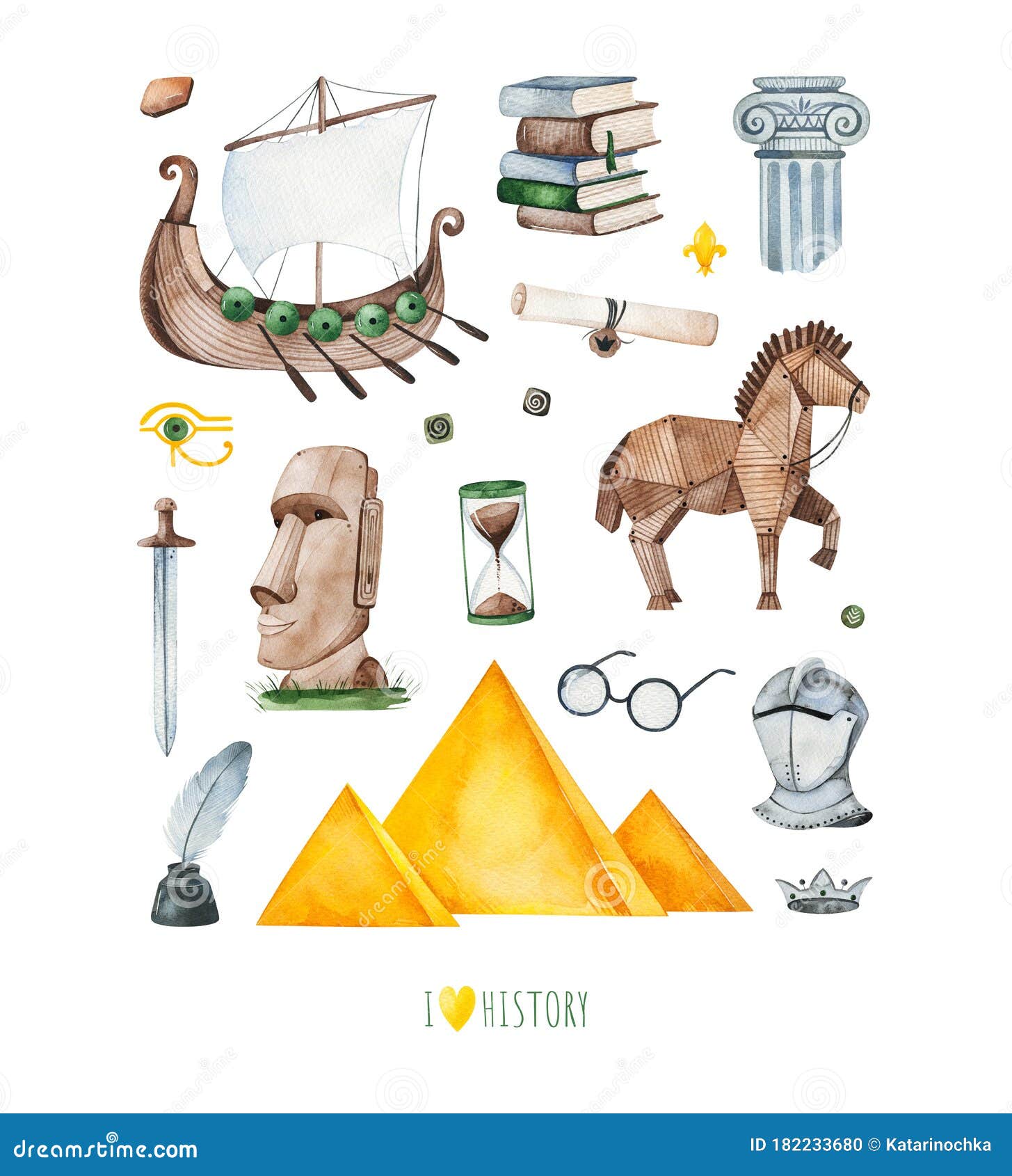 Watercolor History set. stock illustration. Illustration of doodle ...