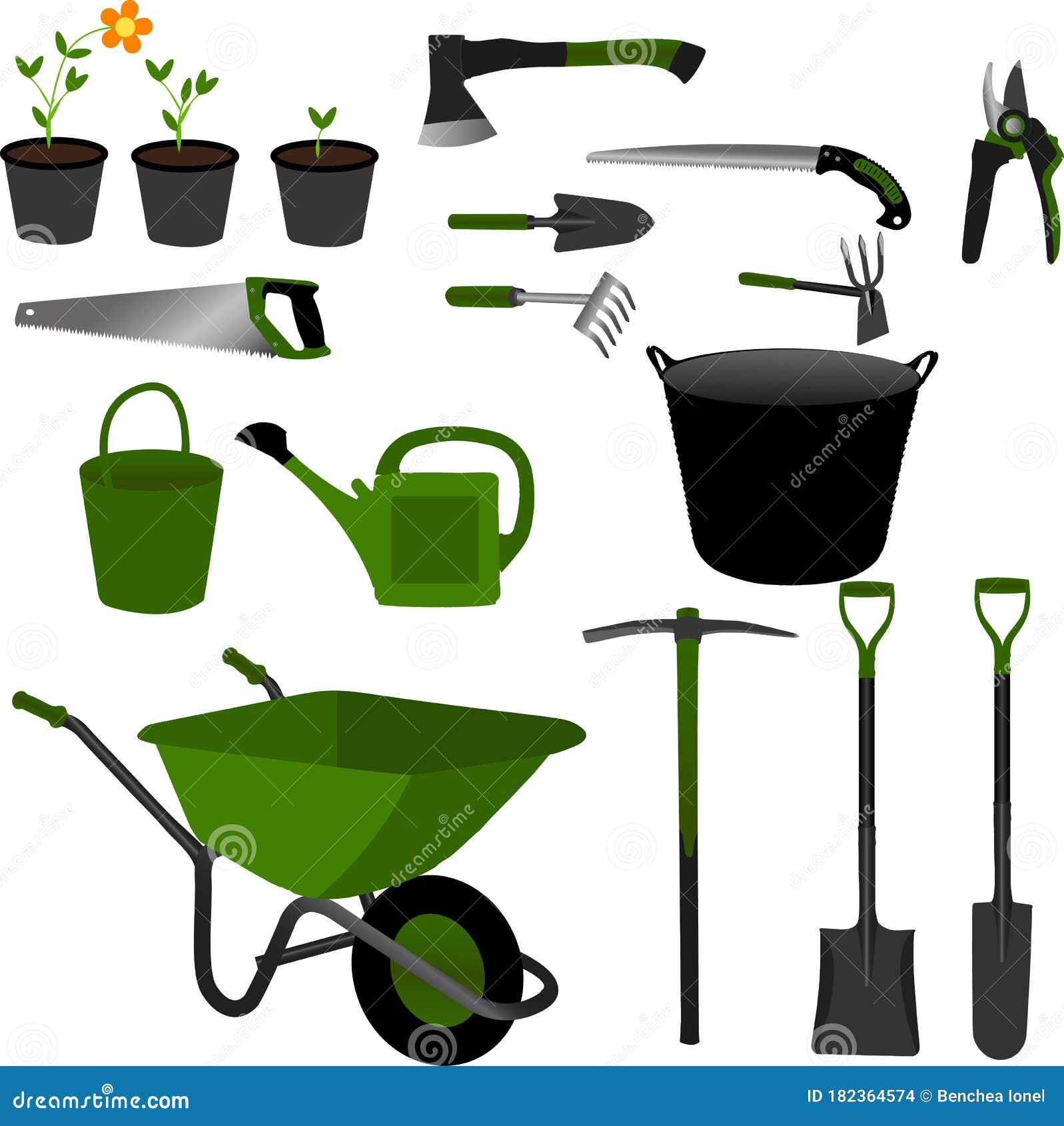 Gardening Tools Set Collection with Green Color Theme Stock Vector ...