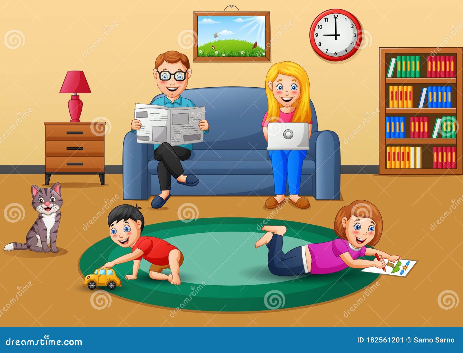Family Cartoon Working Active in the House Stock Vector - Illustration ...