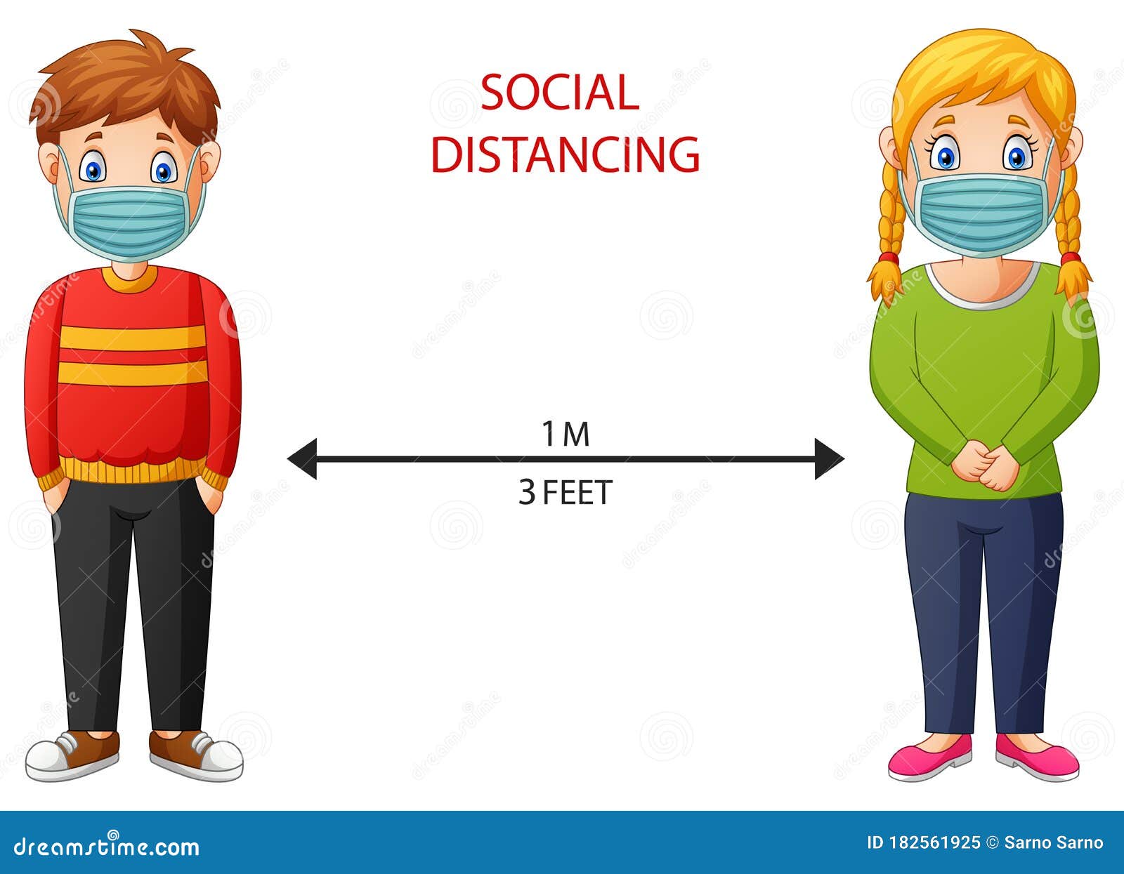 Cartoon Boy and Girl Keep Distance in Public Protect from Virus Stock ...