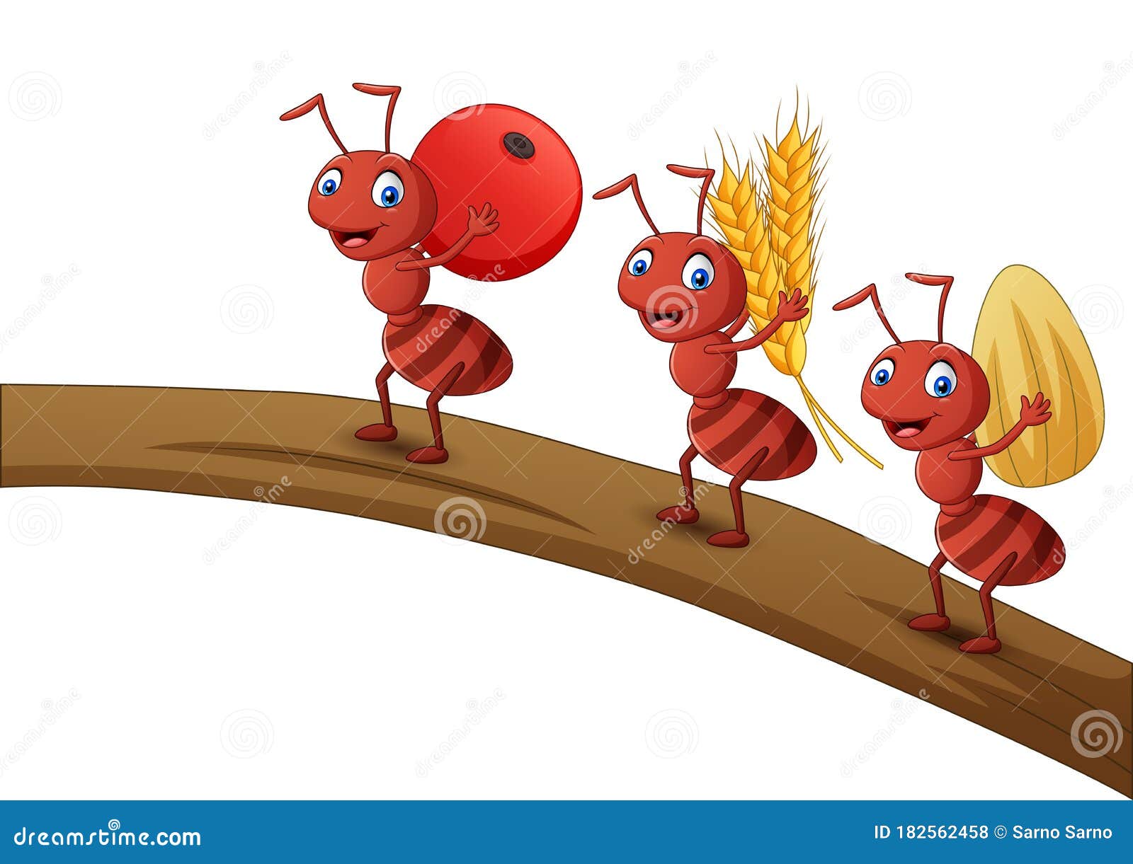 Ant Cartoon Carrying Fruit, Oats, and Seeds on Tree Trunk Stock Vector ...