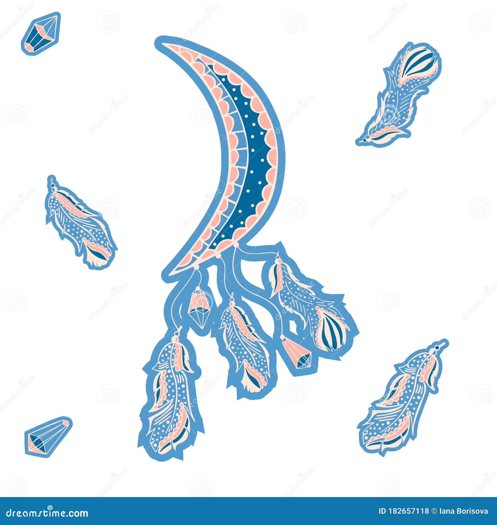 Set of Isolated Hand-drawn Ornamental Crescent Stickers with Crystals ...