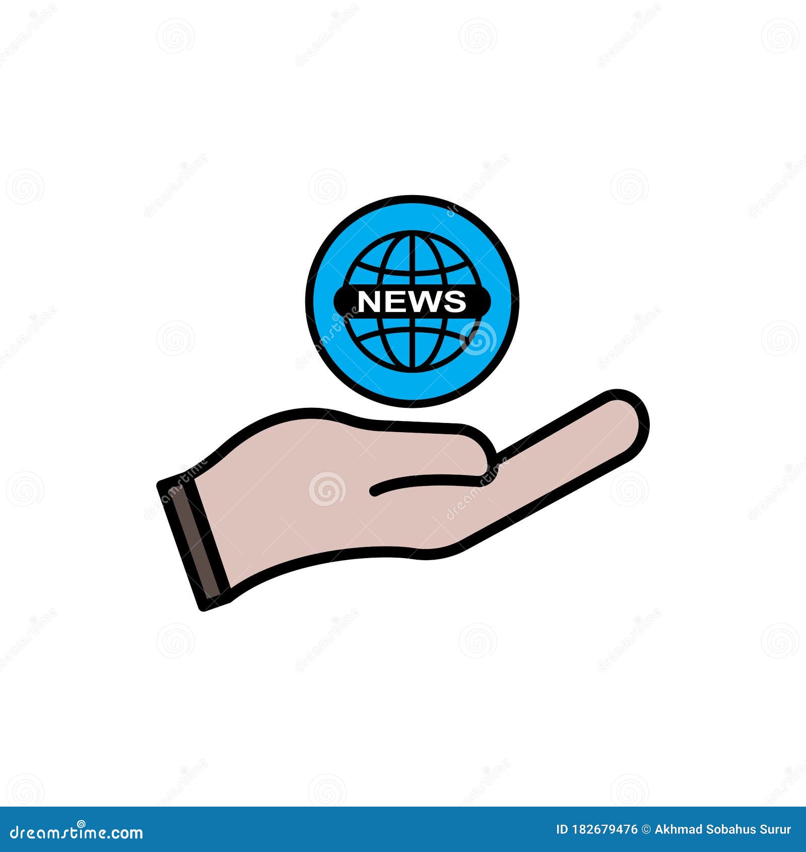 News Icon and World Symbol and Hand Symbol. Flat Design Vector Stock ...