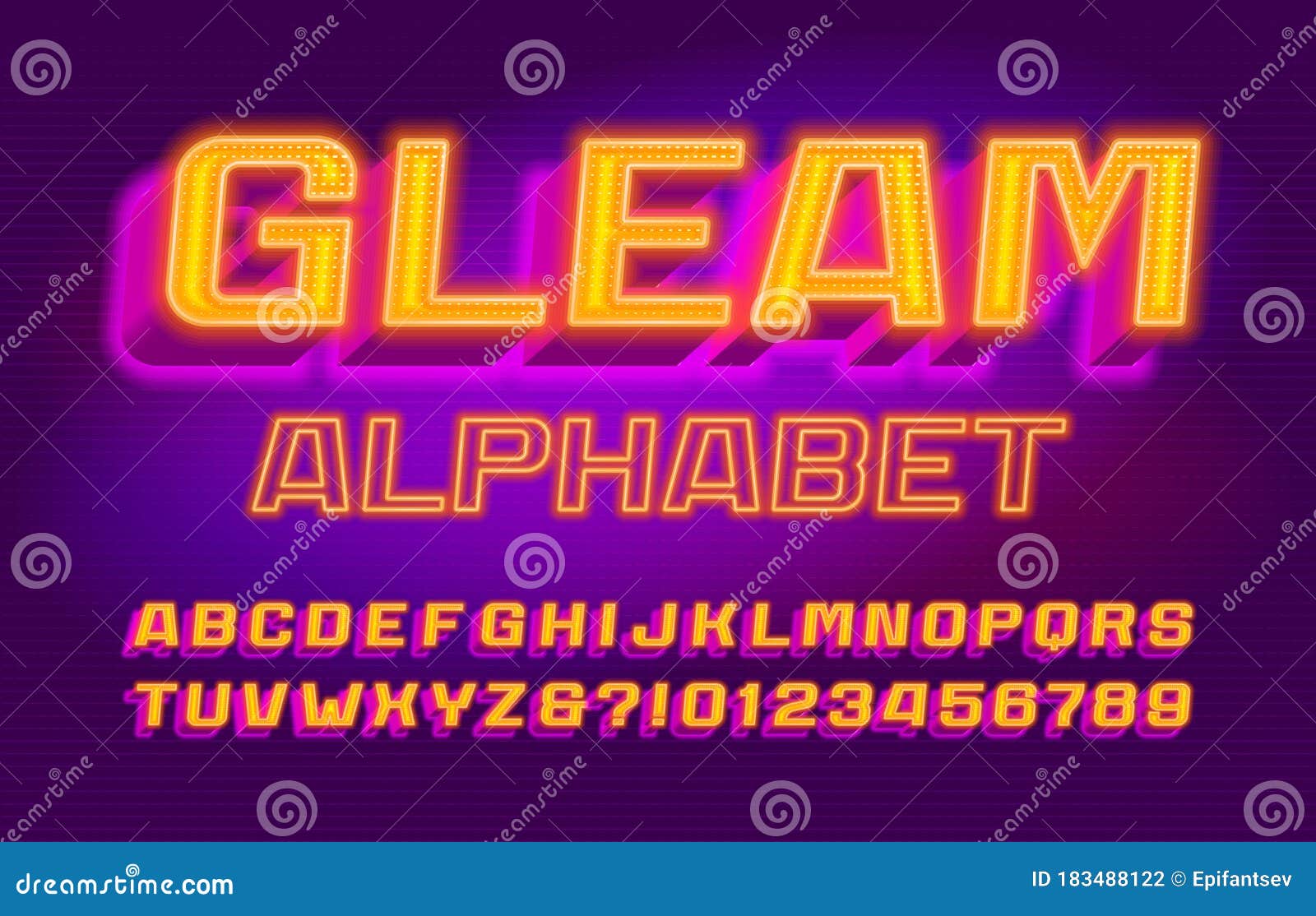Gleam Alphabet Font. 3D Bright Letters, Numbers and Symbols Stock ...