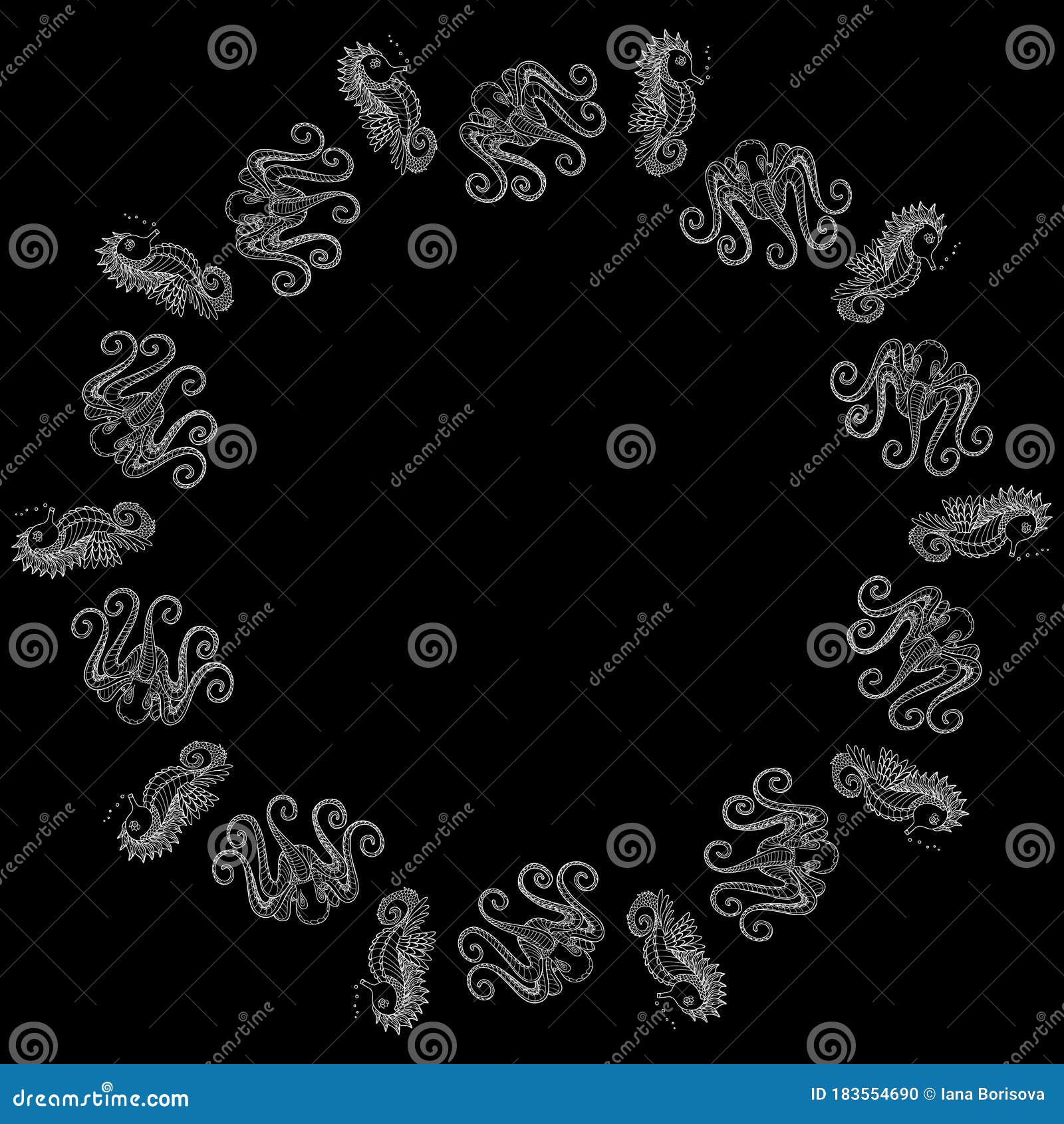 Elegant Round Frame of White Contour Octopuses and Seahorses with ...