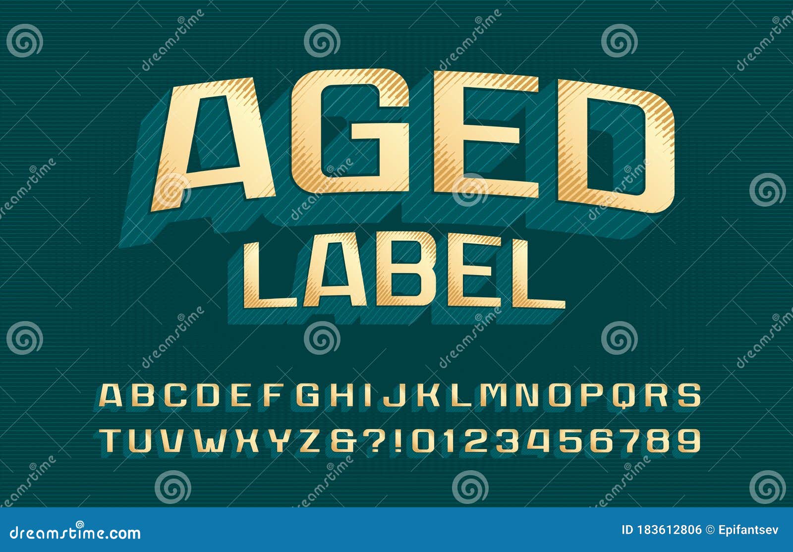 Aged Label Alphabet Font. 3D Vintage Letters and Numbers in Green and ...