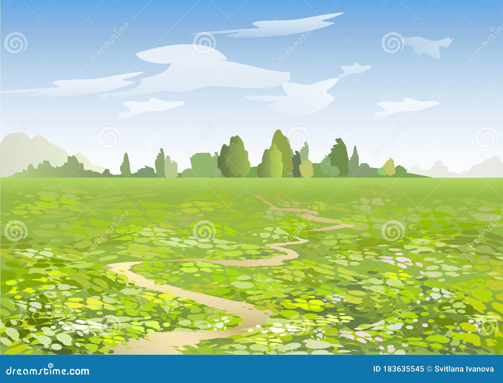 Cartoon Summer Landscape with Flowering Field and the Path. Stock ...