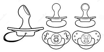 A Set of Pacifiers. Contour Drawing. Vector Black and White Coloring ...