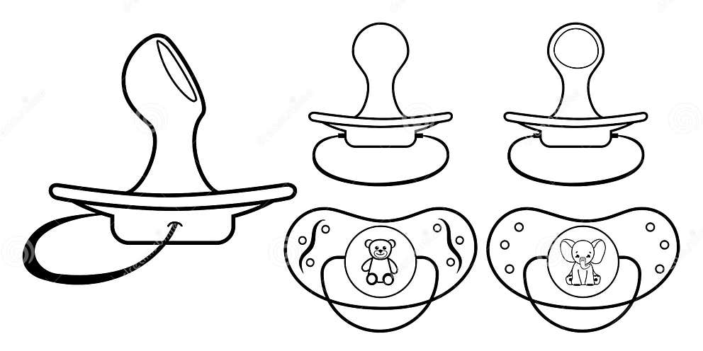 A Set of Pacifiers. Contour Drawing. Vector Black and White Coloring ...