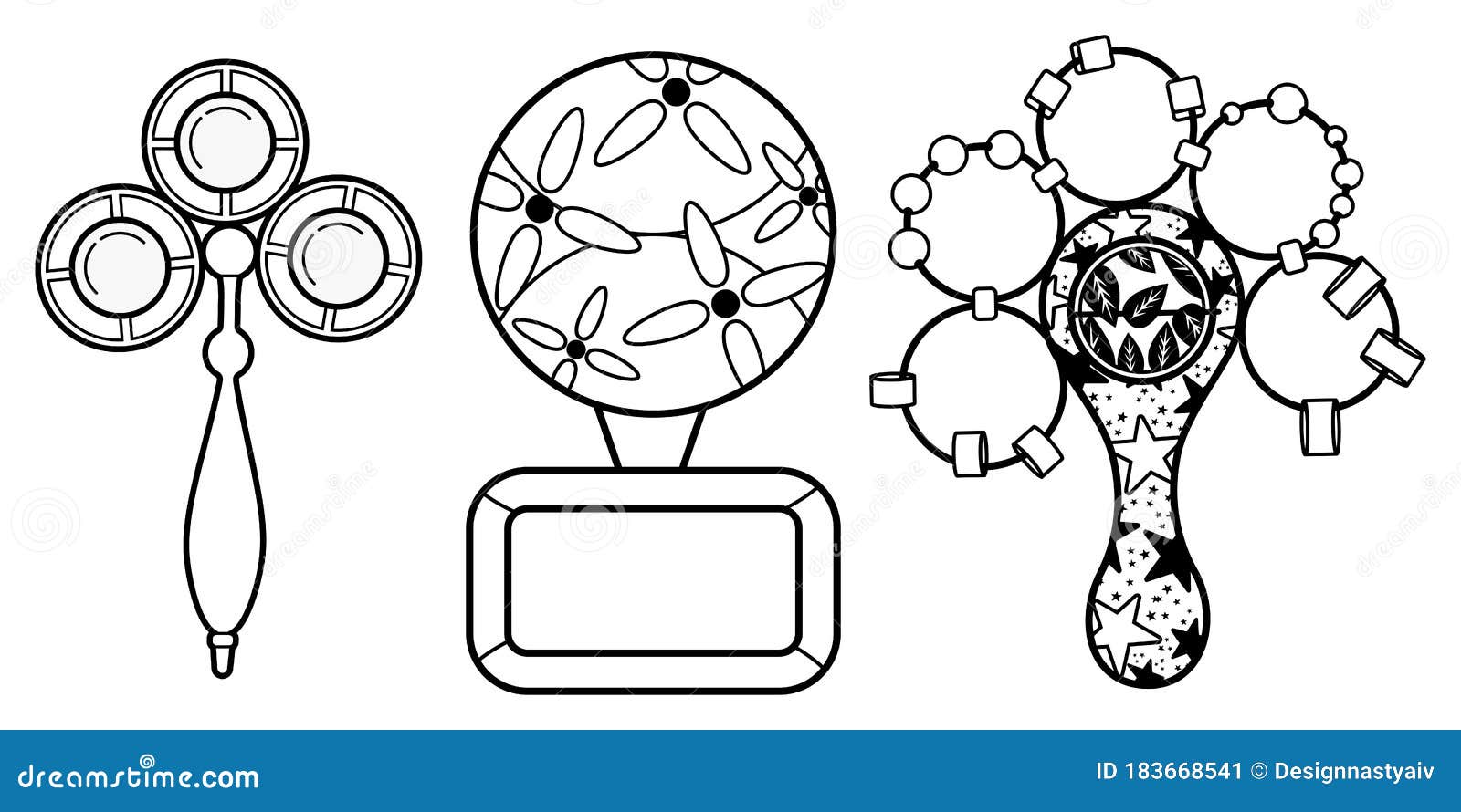 A Set Of Rattles. Contour Drawing. Coloring For The Baby. Vector Black ...