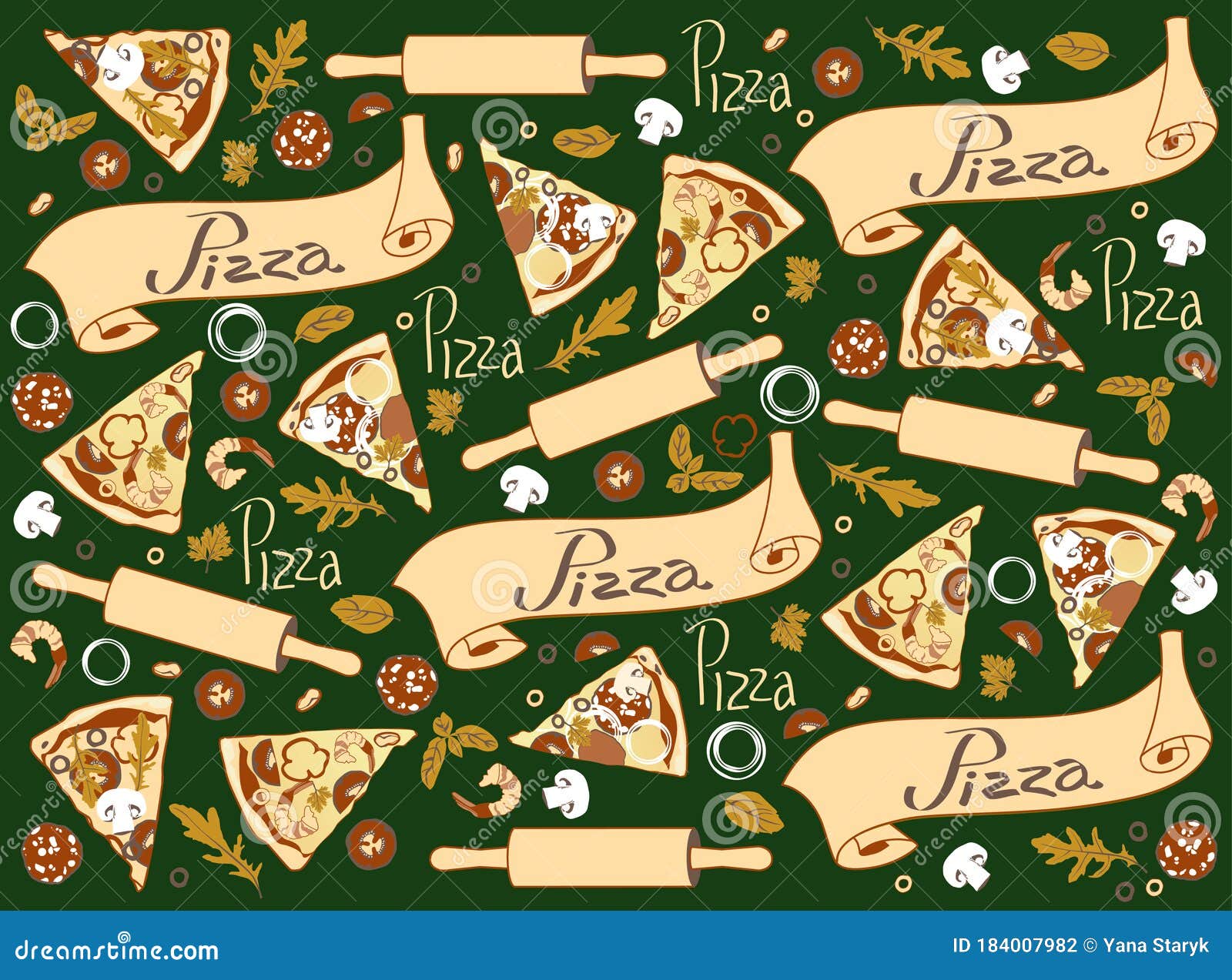 Pattern with Pizza Pieces on Dark Green Background Stock Vector ...