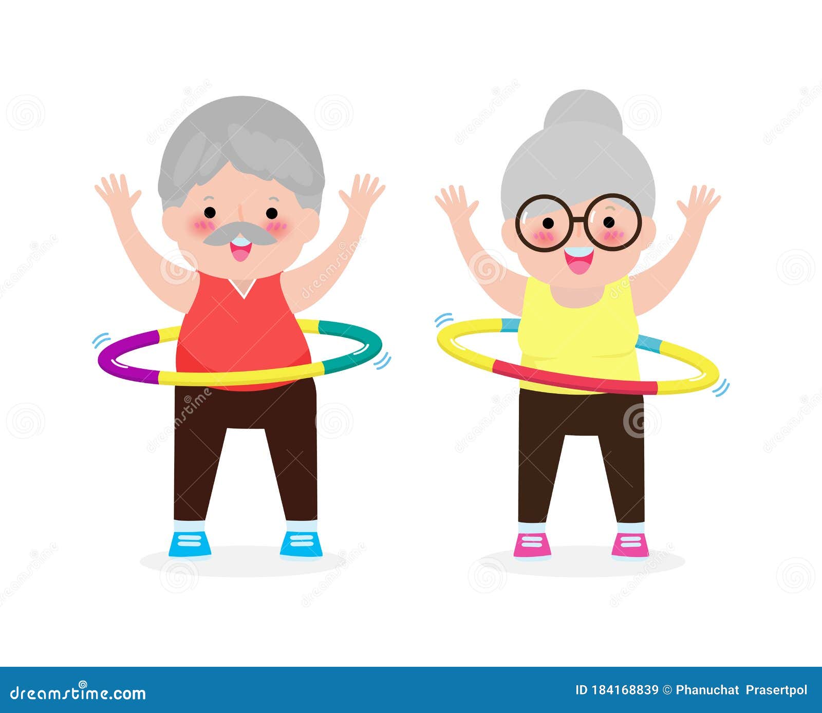 Cute Cartoon Senior Couple Doing Hula Hoop, Elderly People Exercises ...