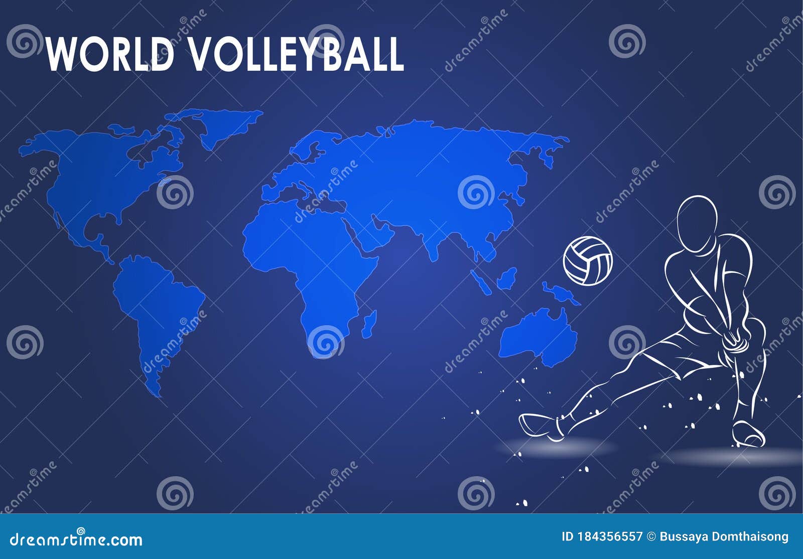 Silhouette Of Volleyball Player With World Map Blue Background. Vector ...