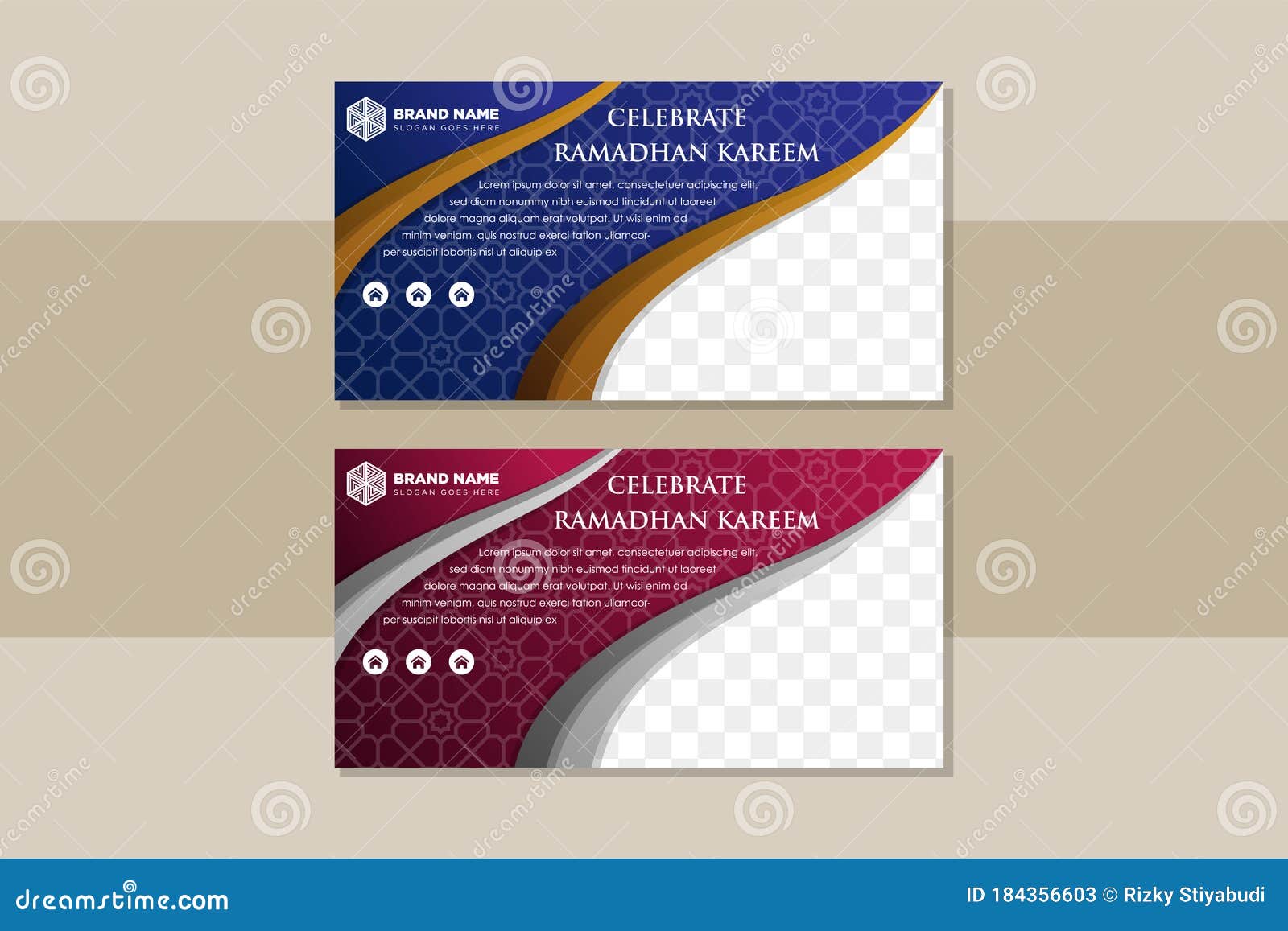 Ramadan Kareem Horizontal Banner Blue and Pink Background. Stock Vector ...