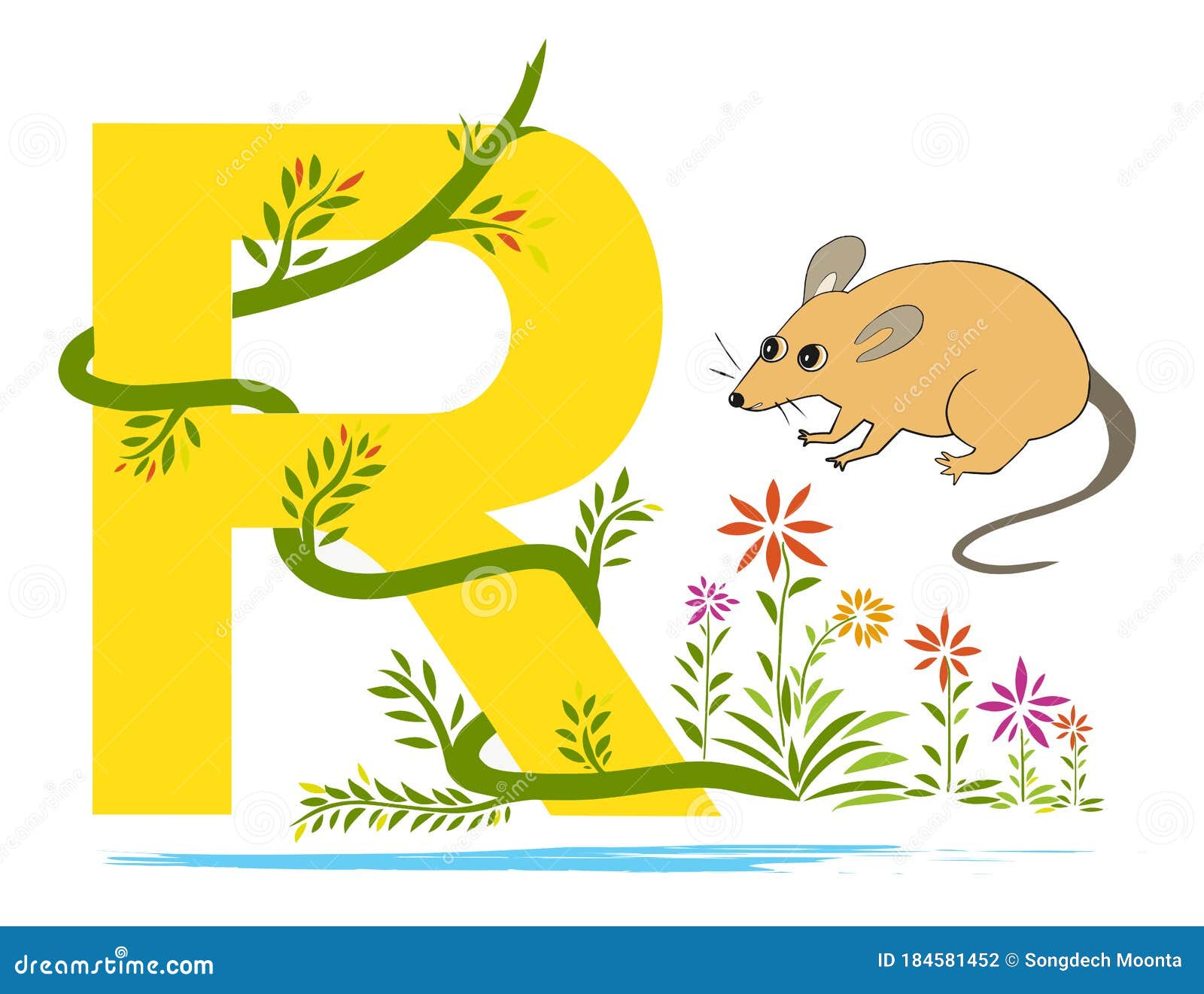 Letter R with Green Grass Vines and Cute Rat Stock Vector ...