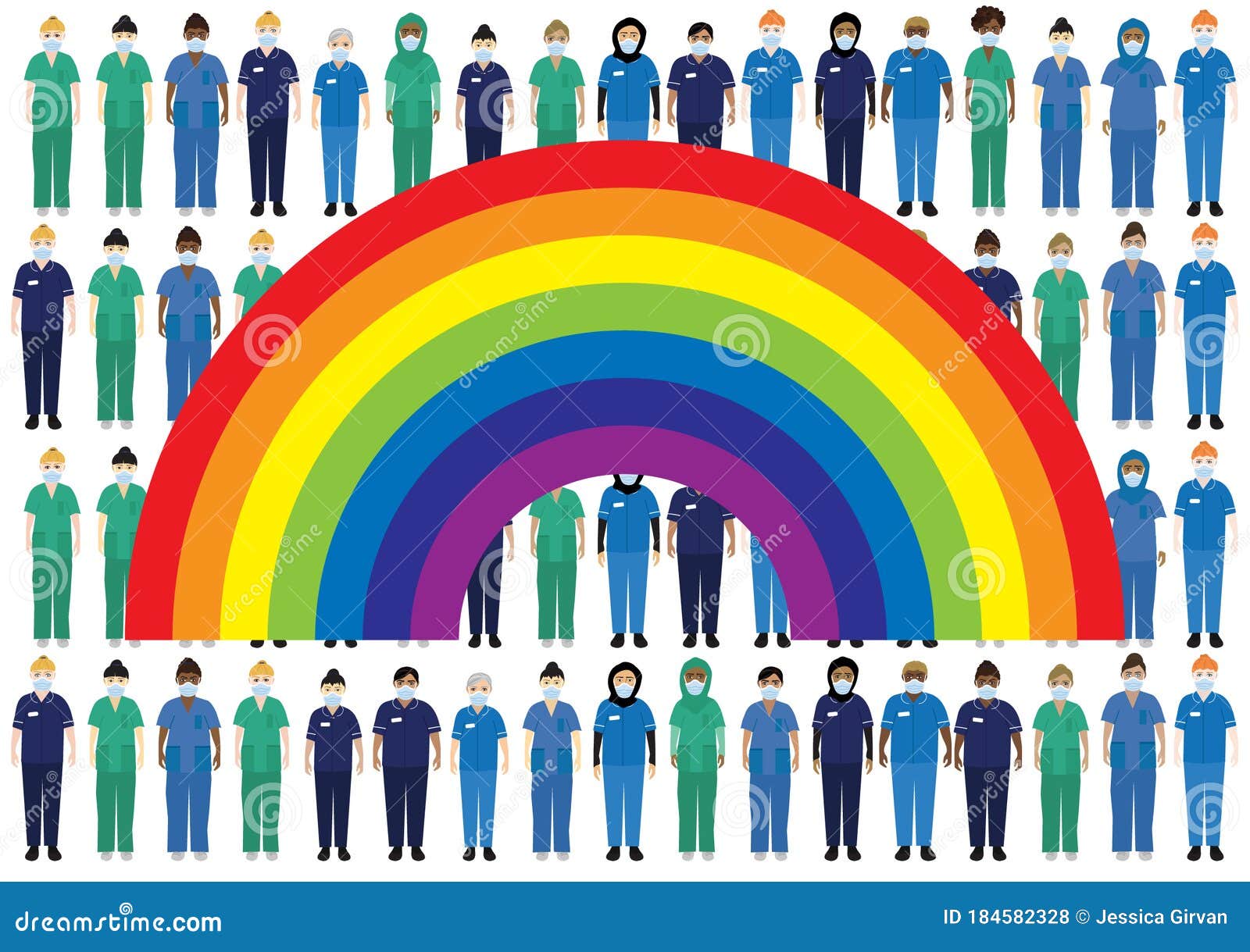 NHS Hospital Staff Wearing Face Masks, Standing Behind A Rainbow Vector ...