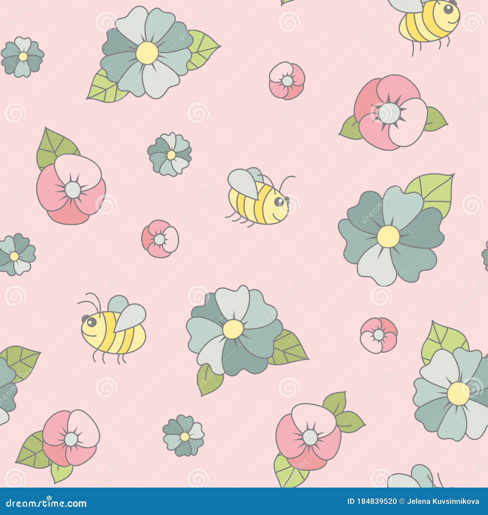 Seamless Pattern with Flowers and Bees on a Pink Background. Stock ...