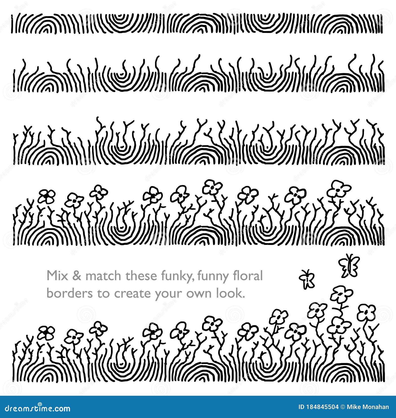 Funky_Floral_Hand Drawn Borders. Stock Vector - Illustration of banner ...