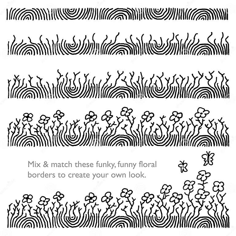 Funky_Floral_Hand Drawn Borders. Stock Vector - Illustration of banner ...