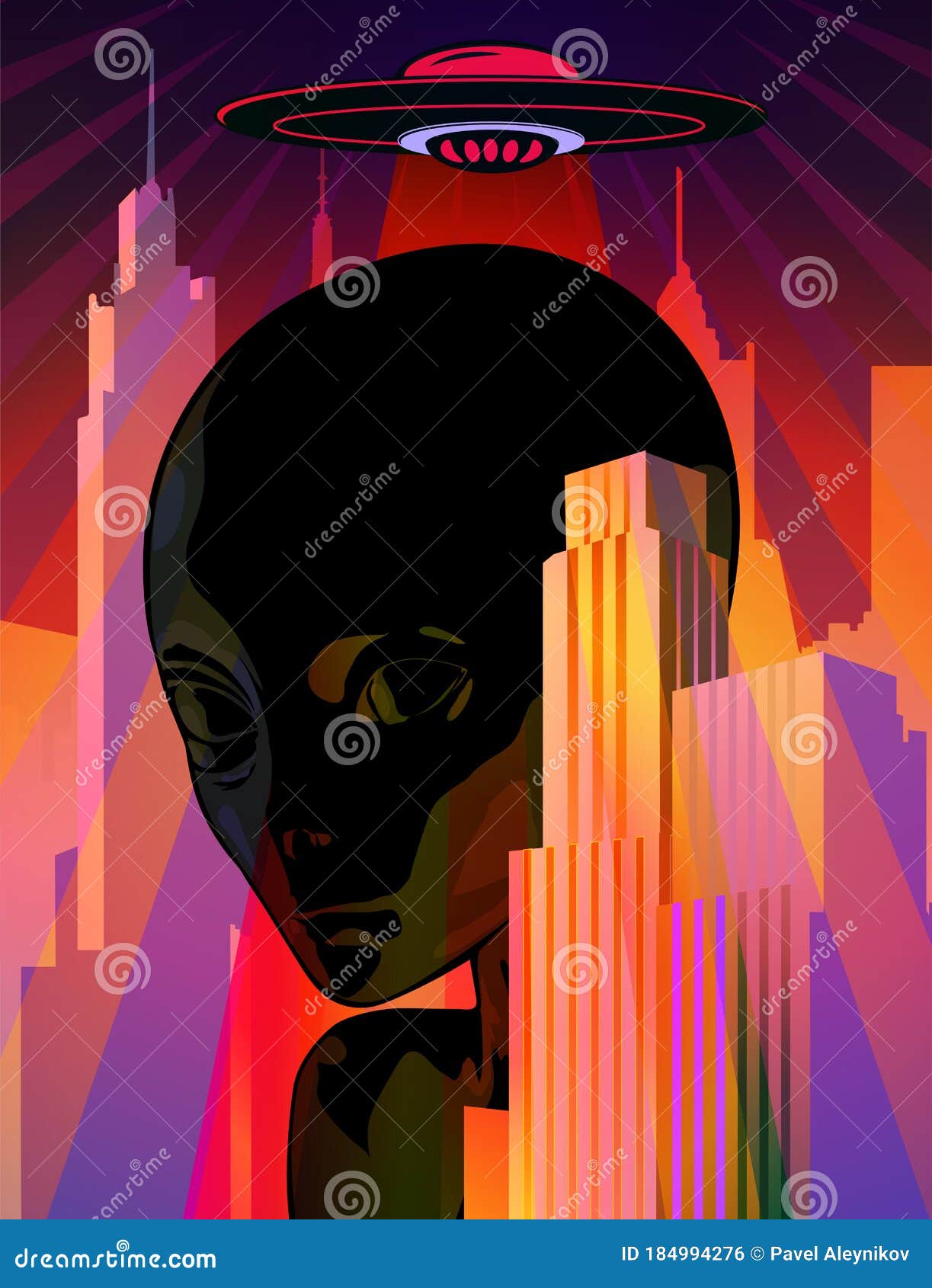 Alien Visitor Come To City, UFO, Alien and Cityscape. Vector Image ...