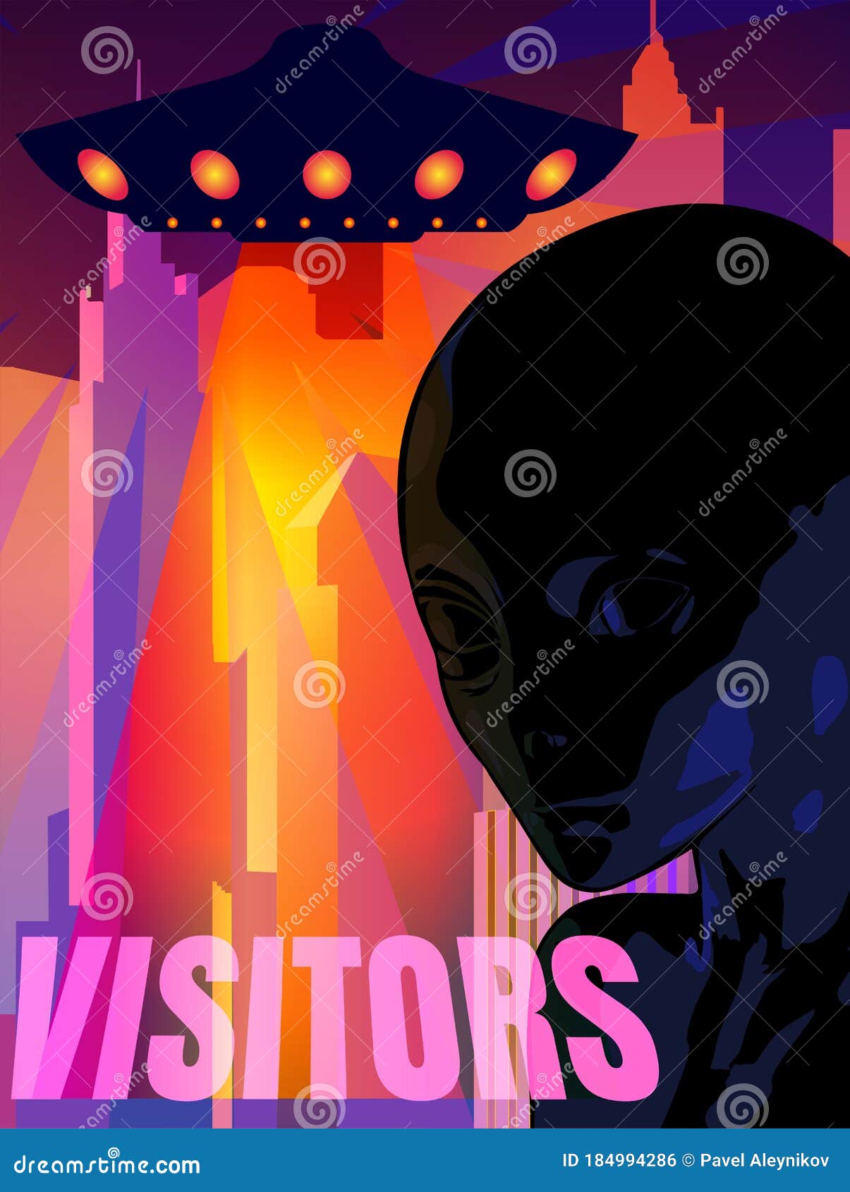 Alien Visitor Come To City, UFO, Alien And Cityscape. Vector Image ...