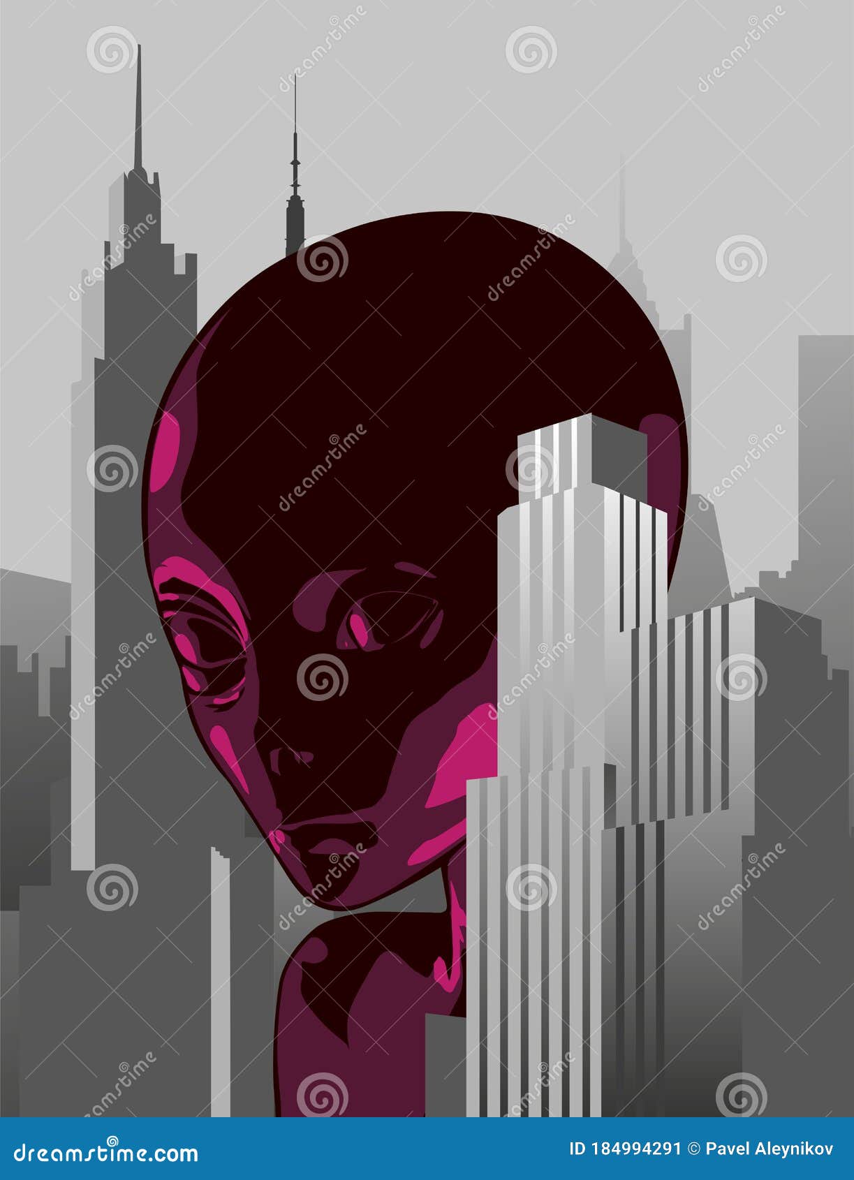 Alien Visitor Come To City, UFO, Alien and Cityscape. Vector Image ...